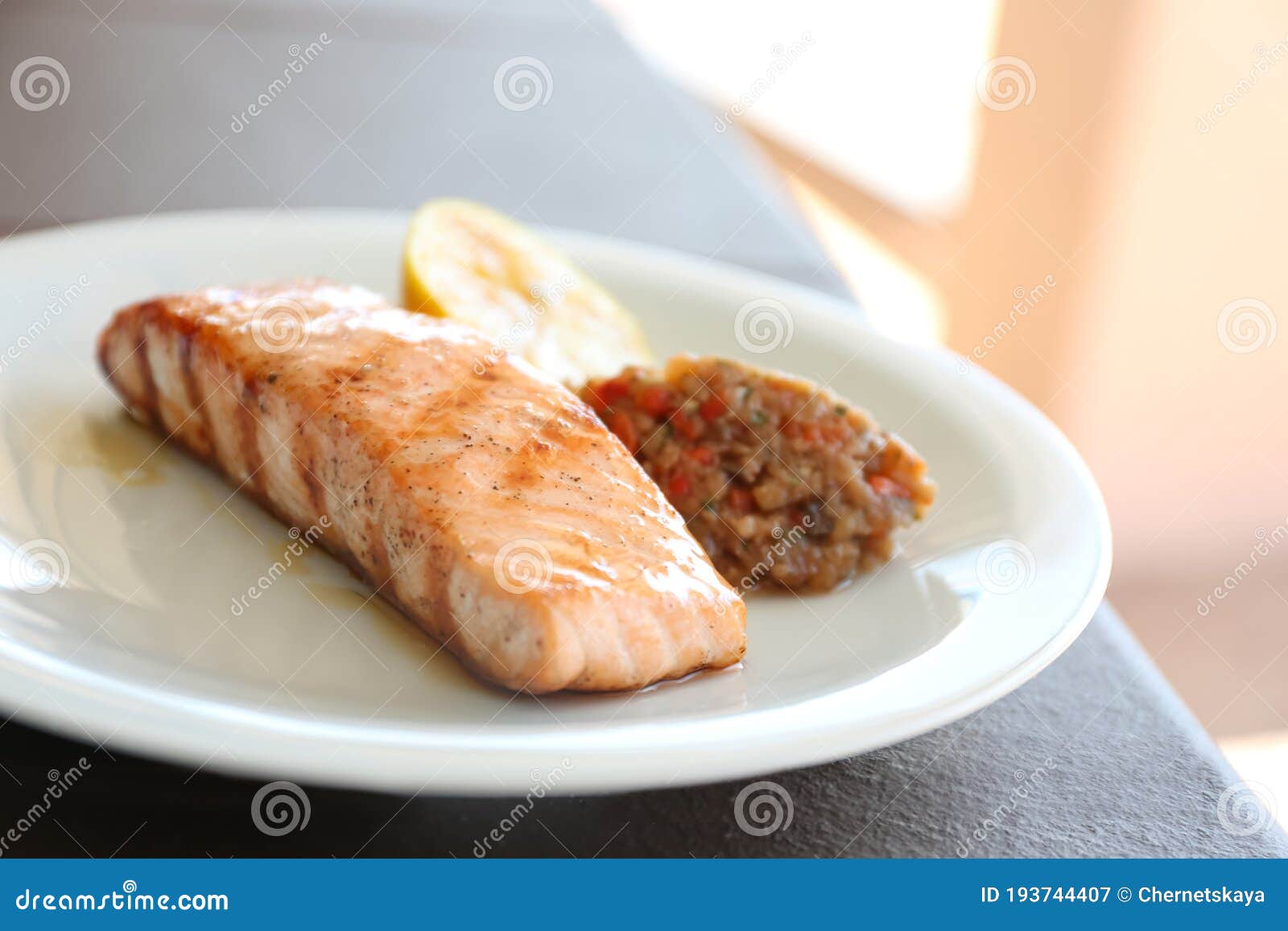 Delicious Grilled Salmon with Garnish on Plate Stock Image - Image of ...