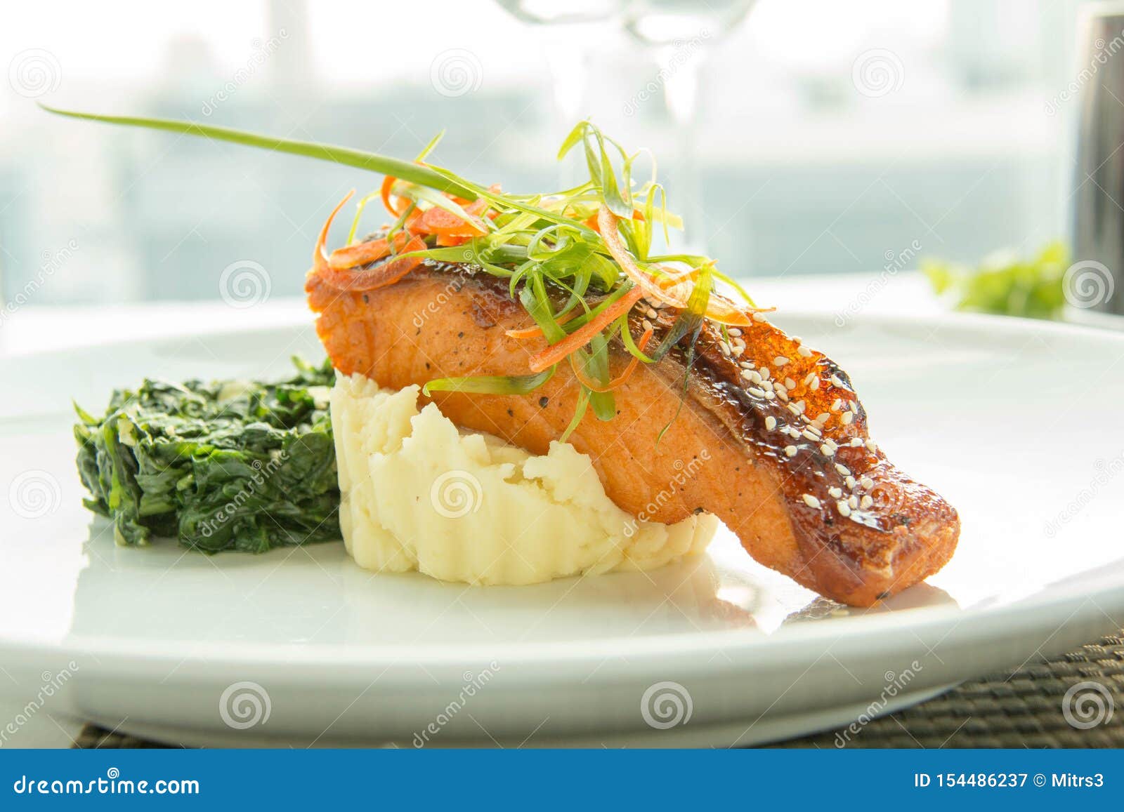 Delicious Grilled Salmon Steak And Mash Potatoes Stock Image Image Of Green Grilled 154486237
