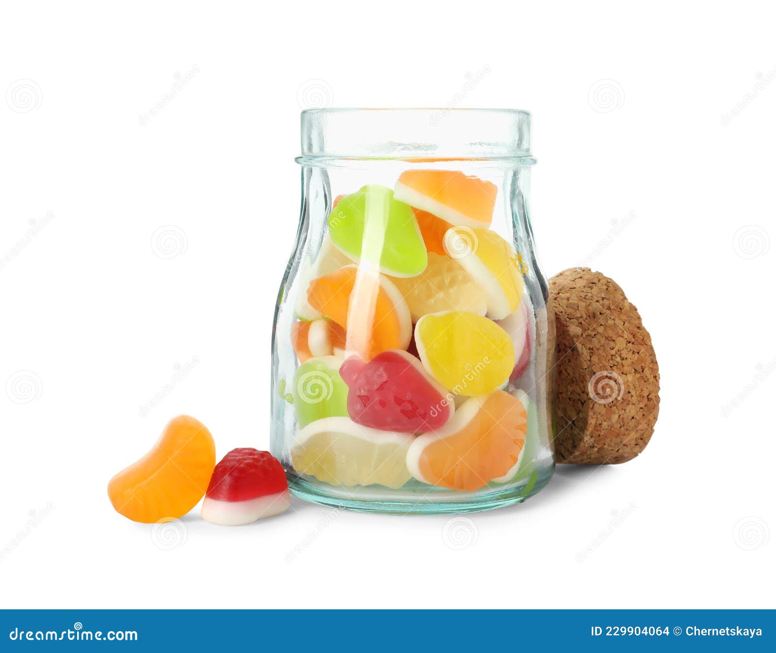 Delicious Gummy Fruit Shaped Candies in Jar Isolated on White Stock ...