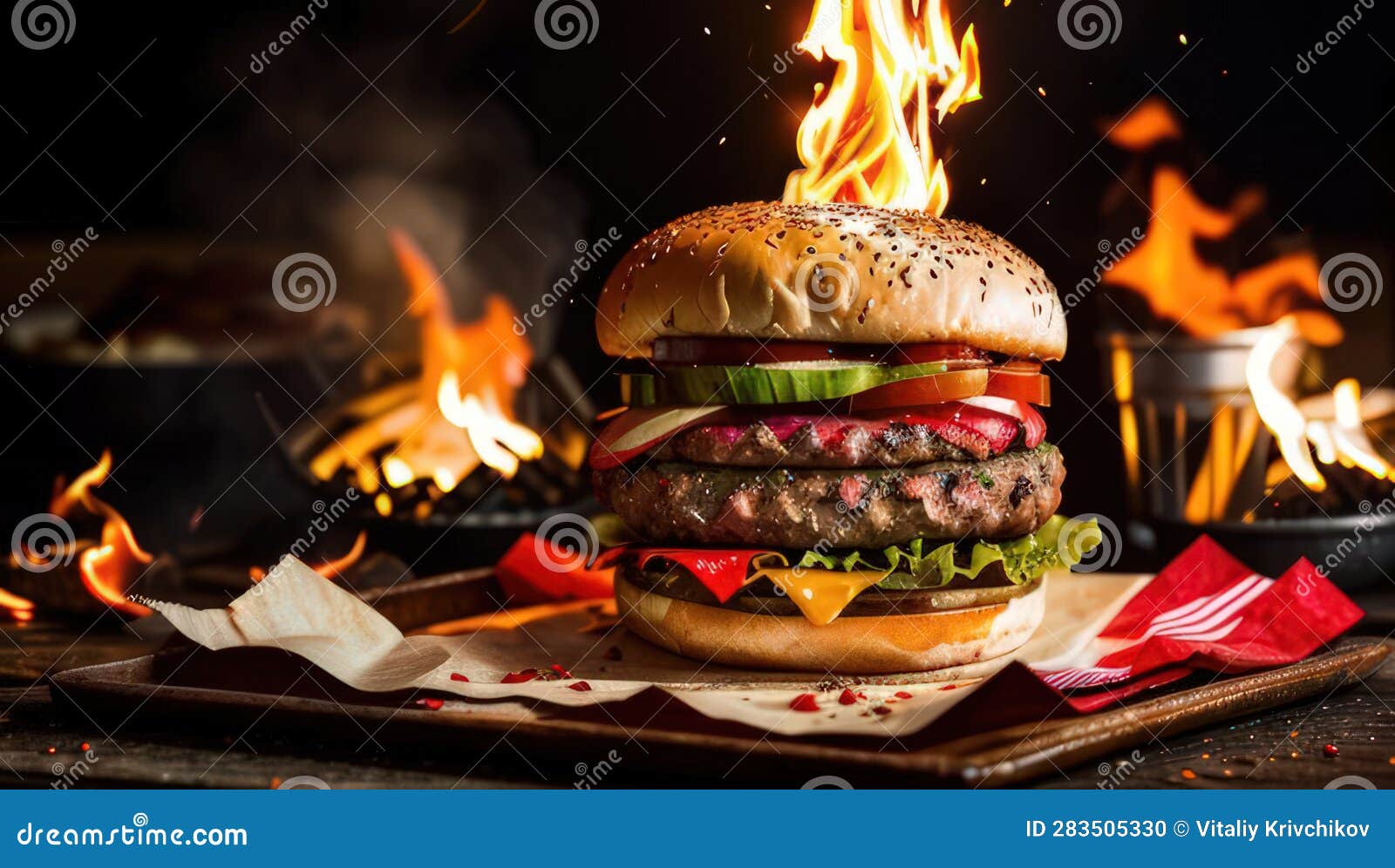 Delicious Hamburger or Burger with Fire on Black Background. Generative ...