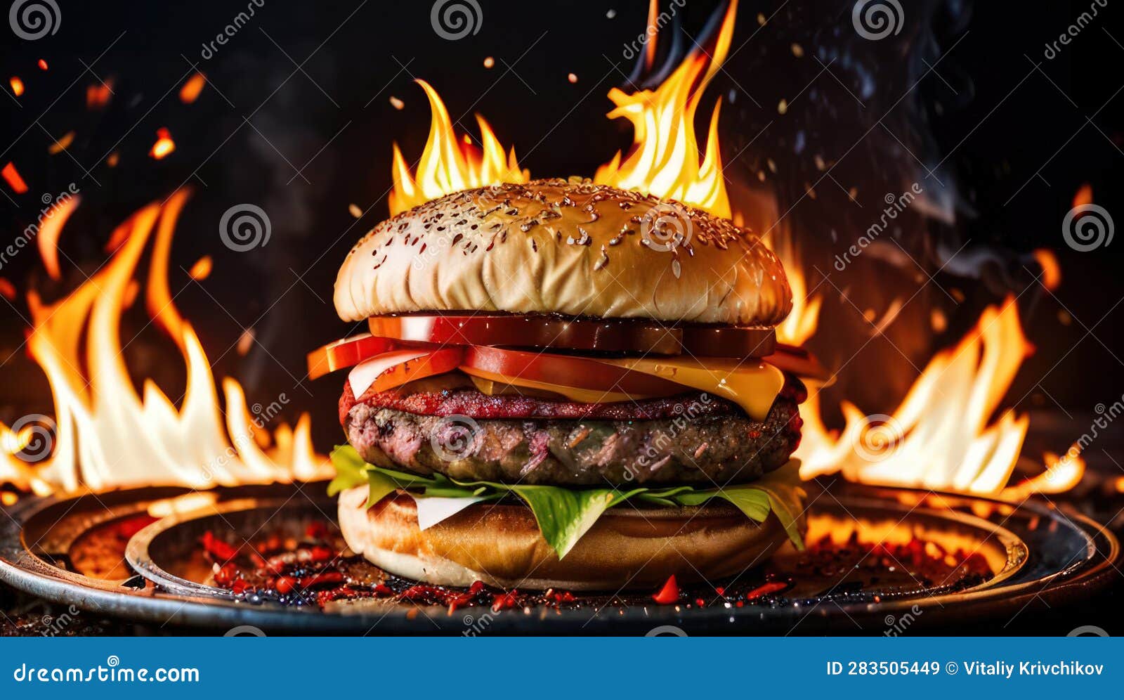 Delicious Hamburger or Burger with Fire on Black Background. Generative ...