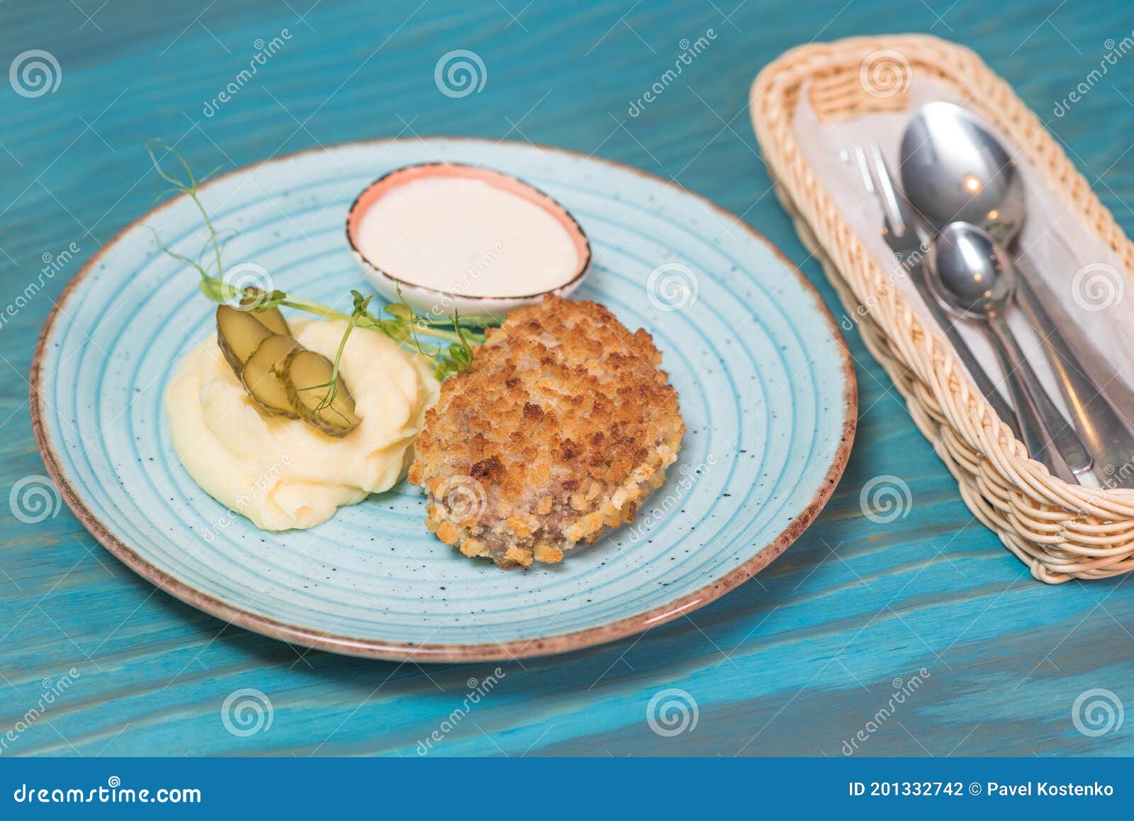 Delicious and Hearty Pozharsky Cutlet and Mashed Potatoes. Stock Photo ...