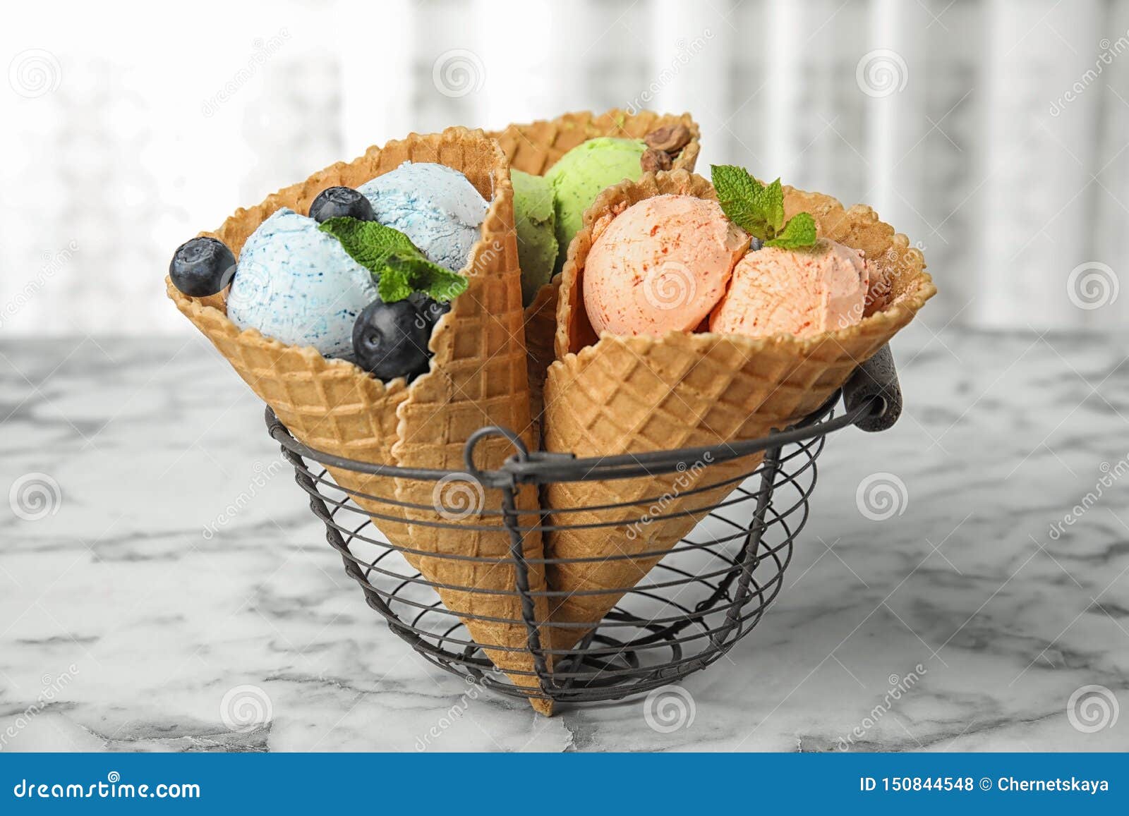 Delicious Ice Creams Served in Basket Stock Photo - Image of ball ...