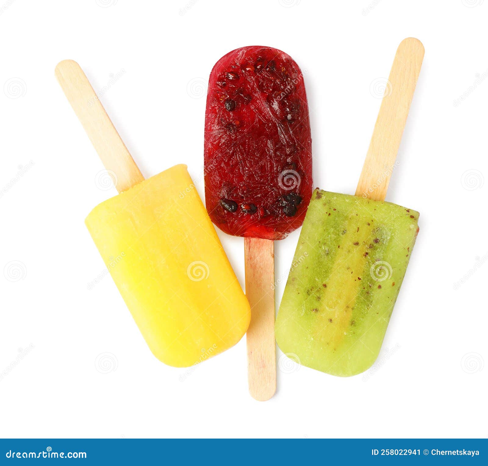 Delicious Ice Pops on White Background, Top View. Fruit Popsicle Stock ...