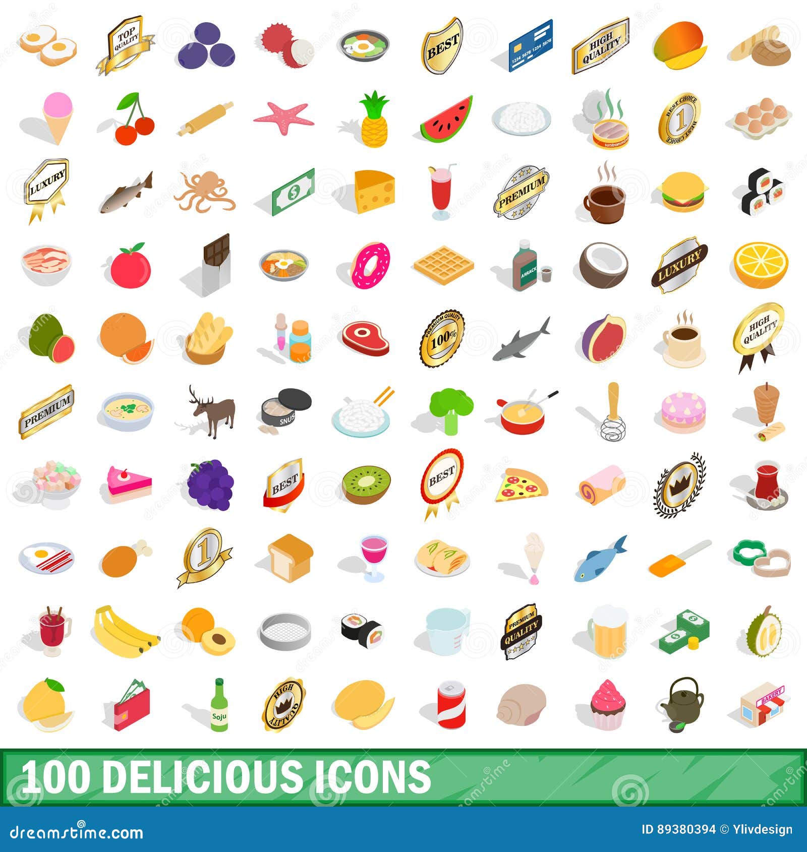 100 Delicious Icons Set, Isometric 3d Style Stock Vector - Illustration ...