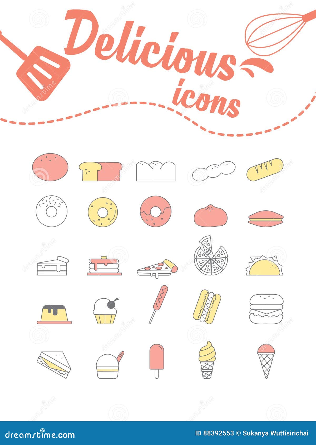 Delicious Icons Set on White Stock Illustration - Illustration of cream ...
