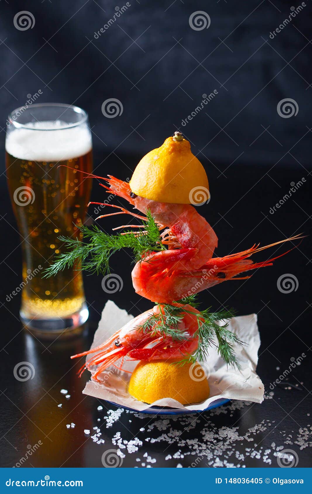 Delicious Large Shrimp with Salt and Beer on a Dark Table Stock Image ...