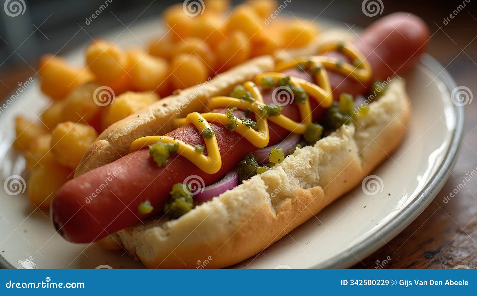 Delicious Loaded Hot Dog With Mustard, Ketchup, Relish, And Fresh Herbs ...