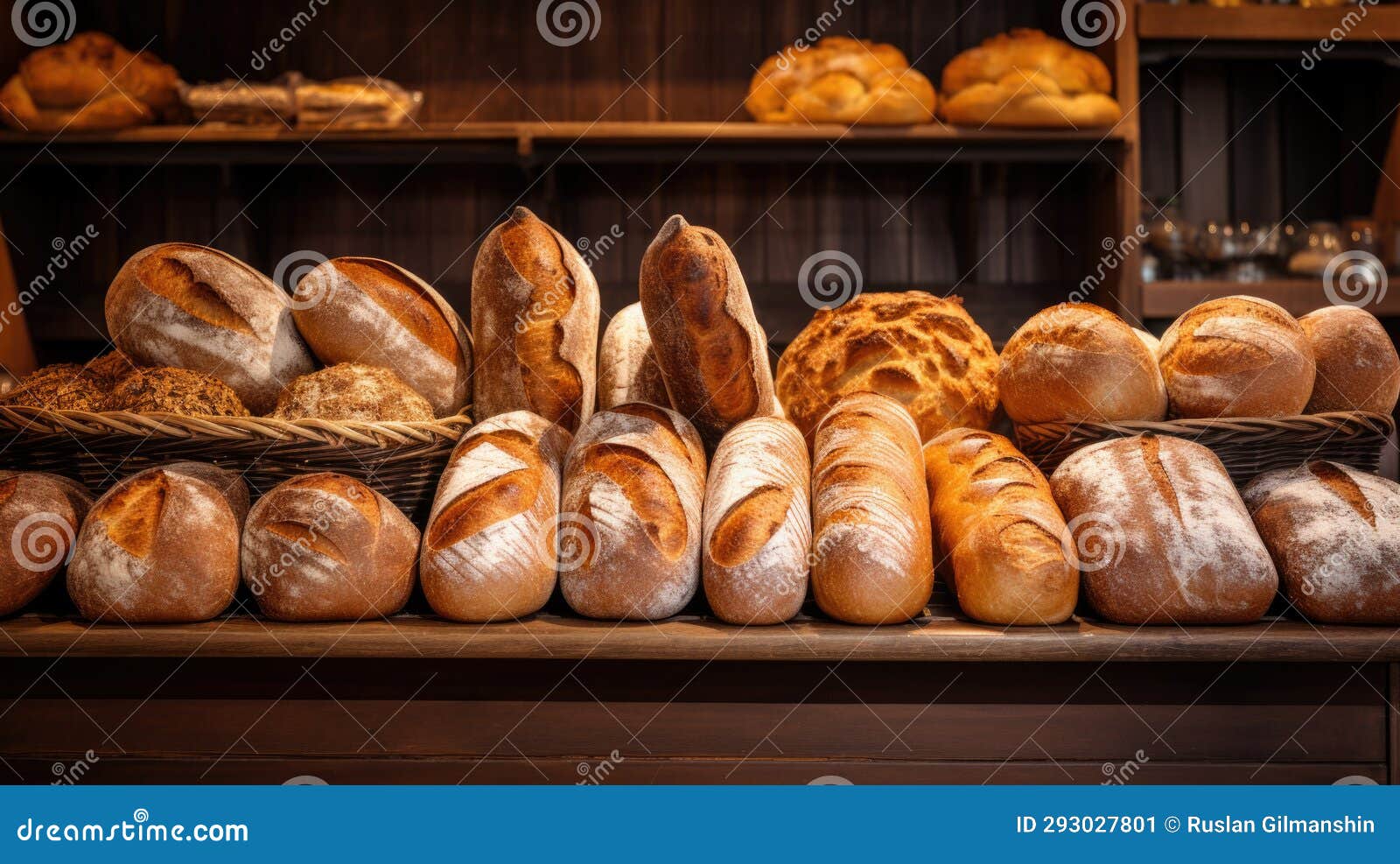 Delicious Loaves of Bread in a Baker Shop. Different Types of Bread ...