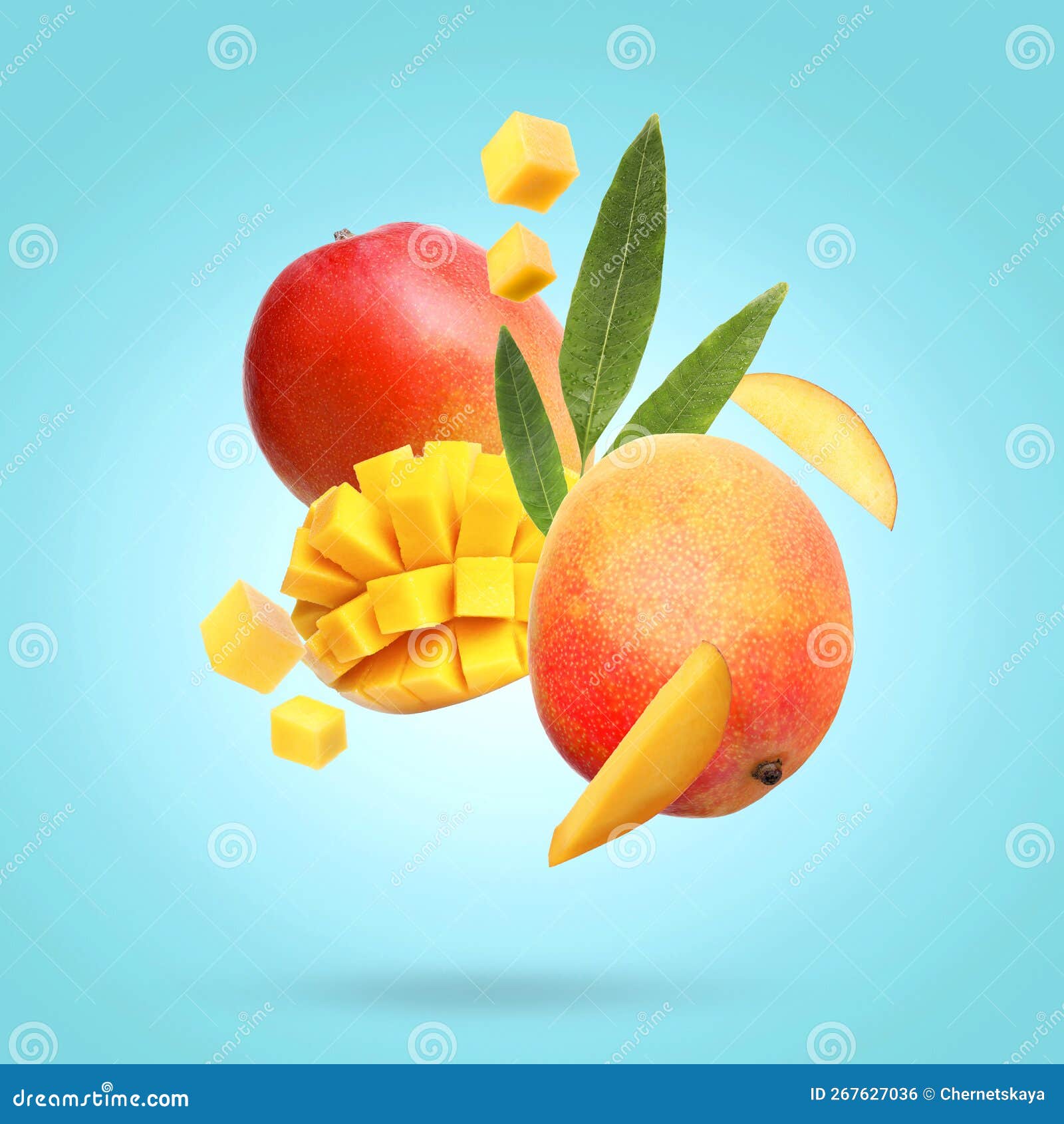 Delicious Mango Fruits and Leaves Falling on Turquoise Background Stock ...