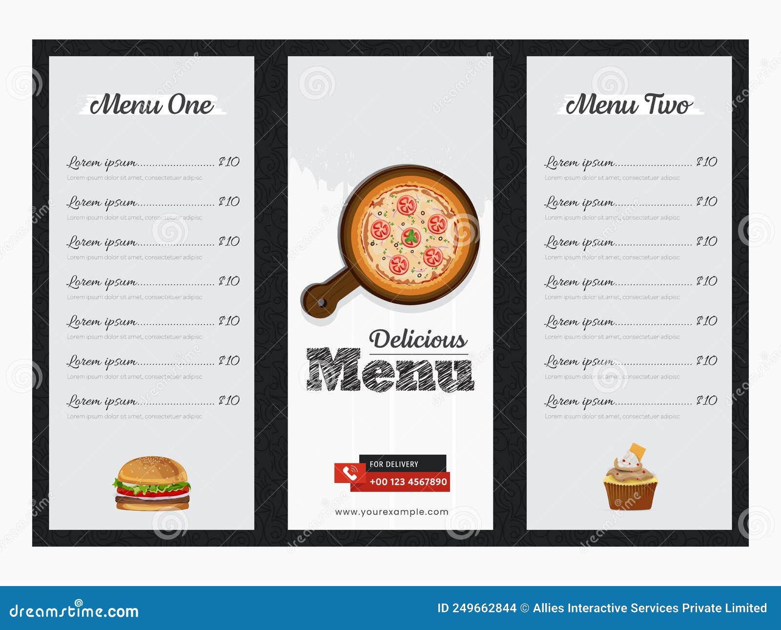 Delicious Menu Card Template or Tri-Fold Brochure Layout in Gray and ...