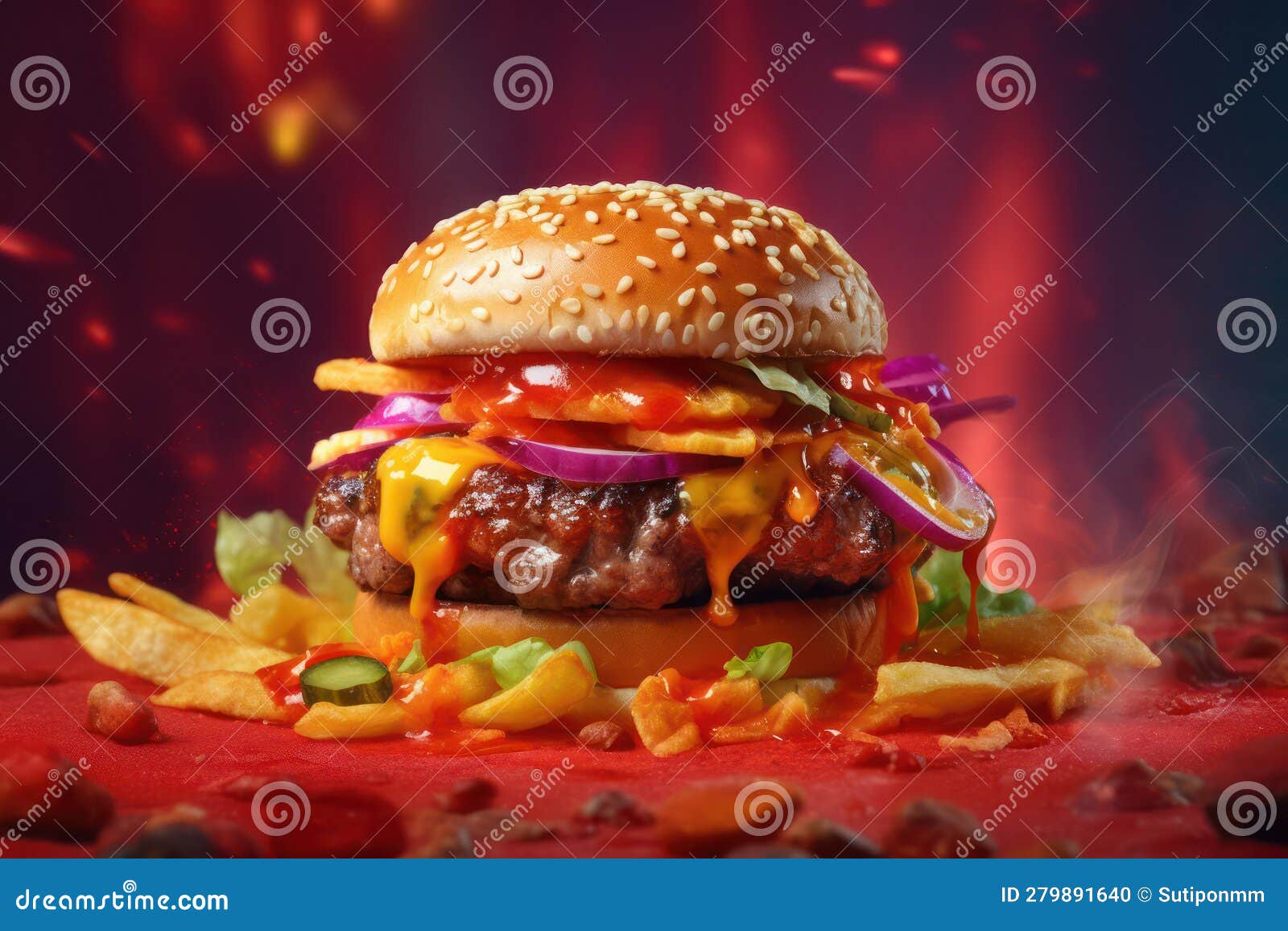 Delicious Monster Burger With Flying Ingredients Isolated On White ...