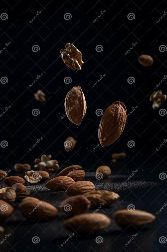 Delicious Nuts Floating in the Air, Brown Nut Seeds Exploding Beautiful ...