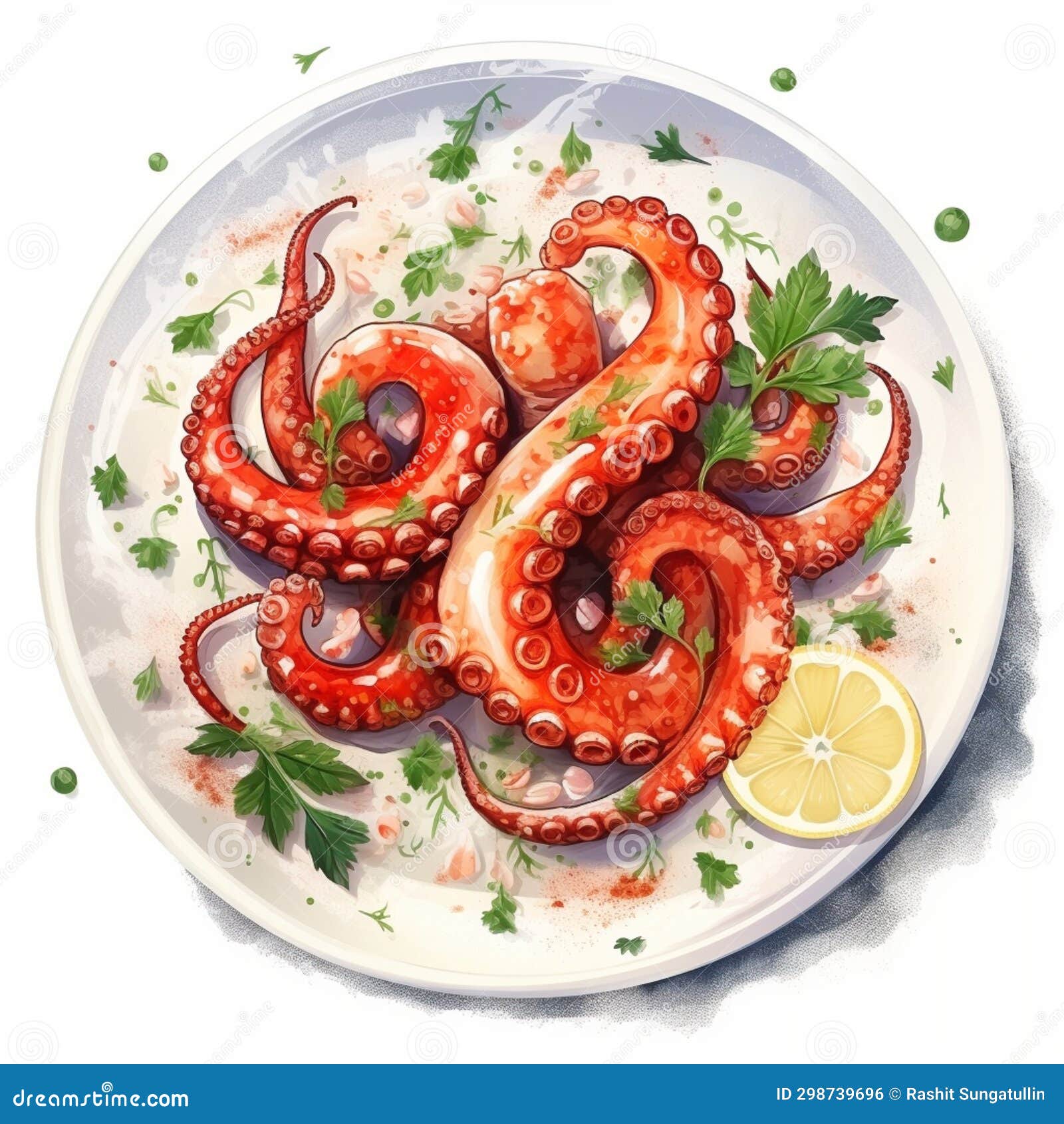 Delicious Octopus on a White Dish, Top View Stock Photo - Image of ...