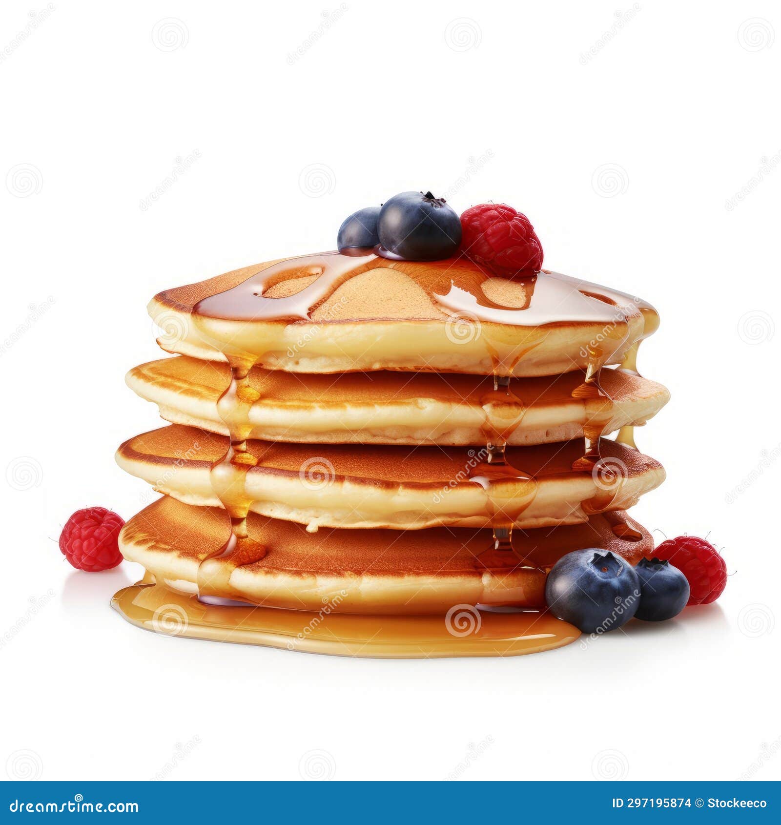 Delicious Pancake Stack with Mixed Fruit and White Syrup Stock ...