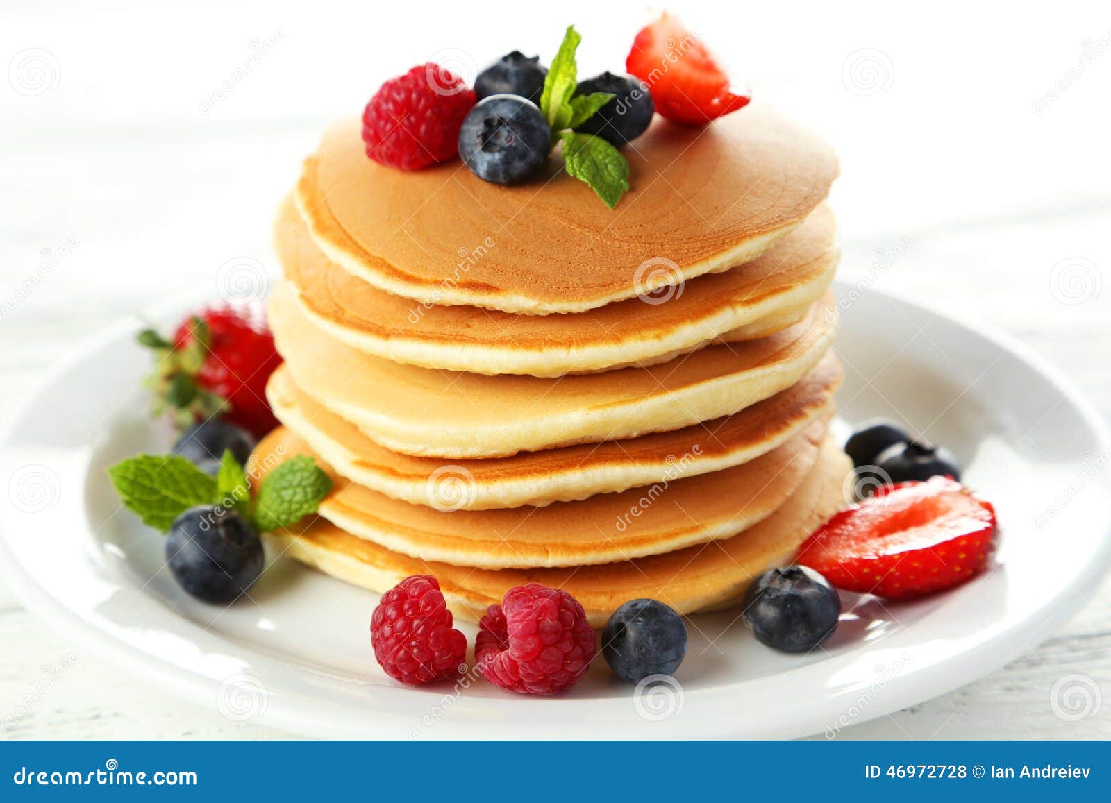 Pancakes With Fruit Yogurt, Fresh Strawberry And Blueberry Stock Photo 878