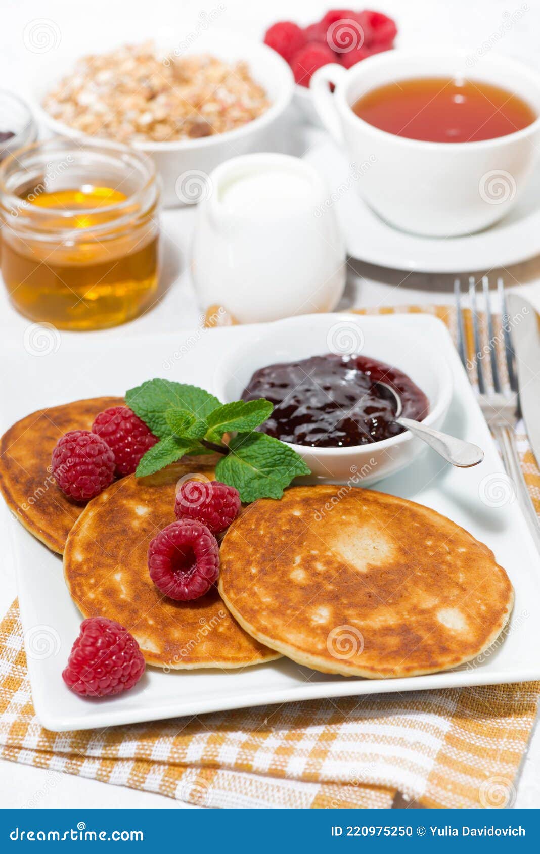 Delicious Pancakes with Raspberries and Jam for Breakfast, Vertical ...