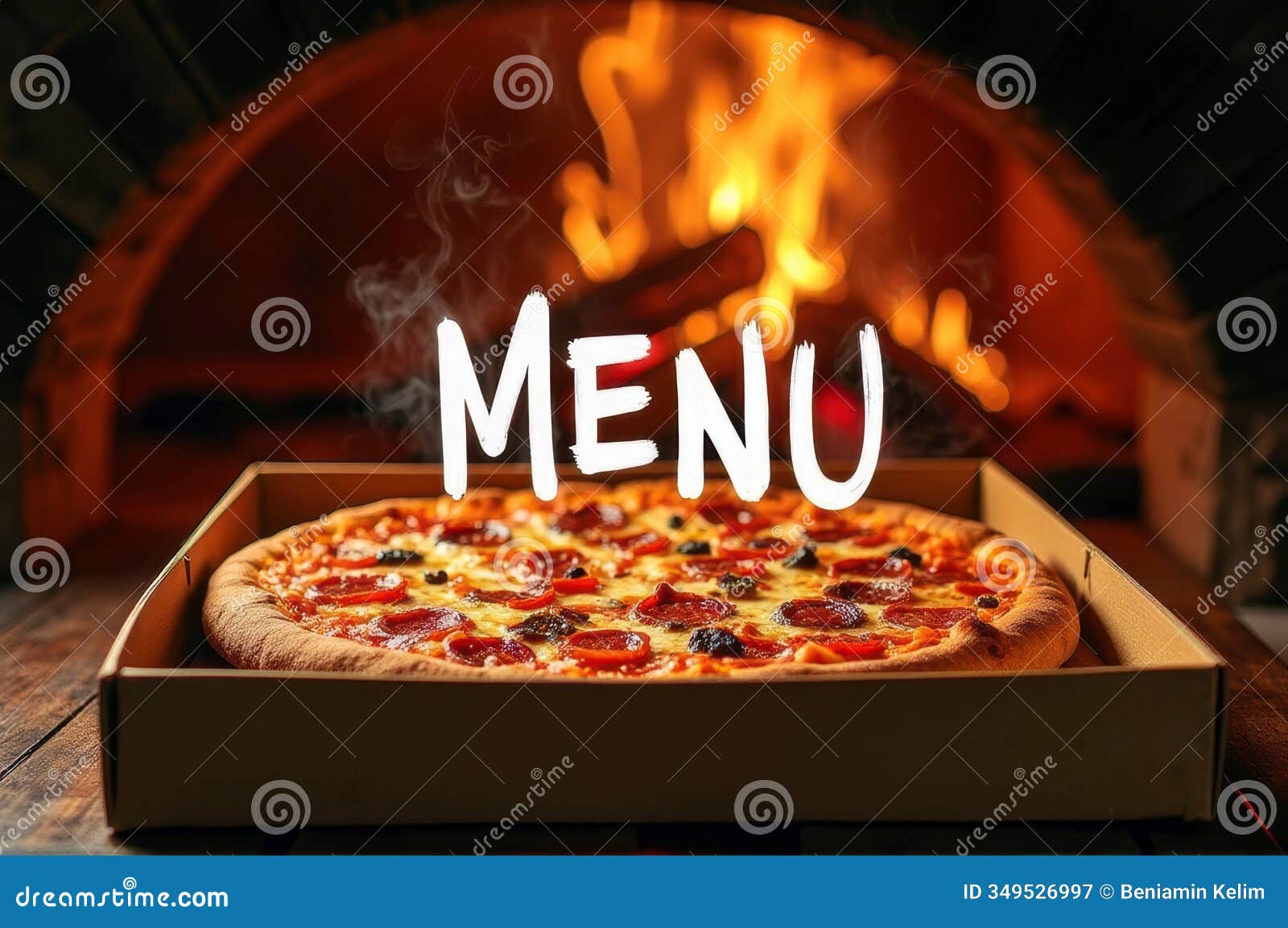 Delicious Pepperoni Pizza in Front of Rustic Brick Oven Fire Stock ...