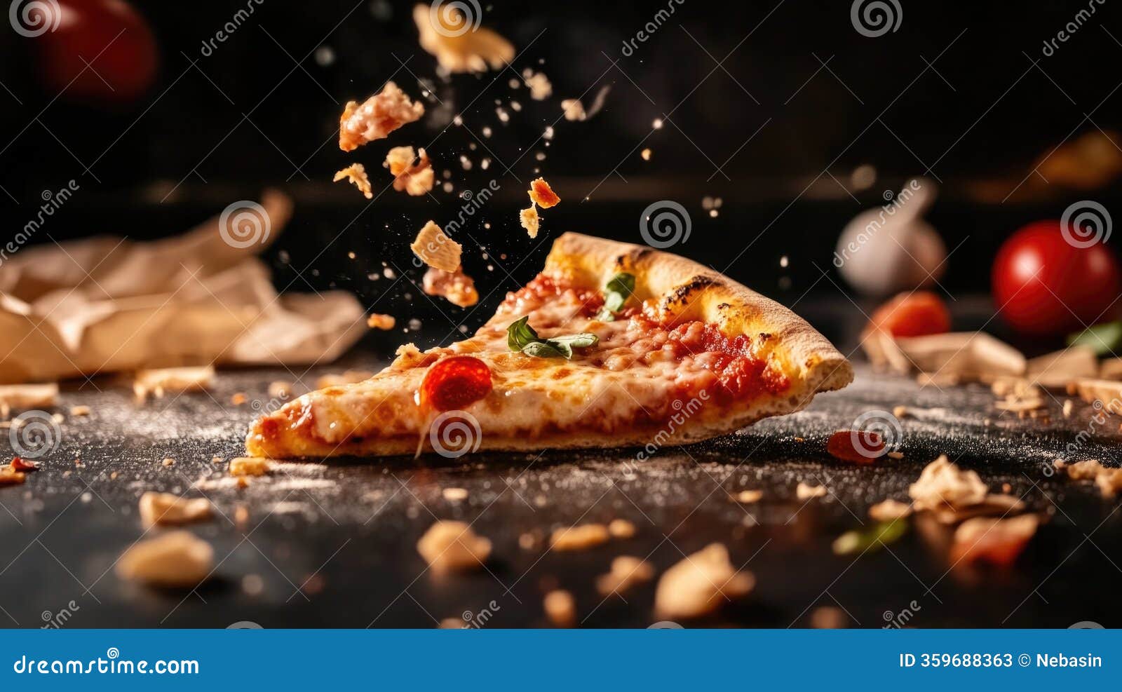 Delicious Pepperoni Pizza Slice with Falling Toppings in Rustic Setting ...