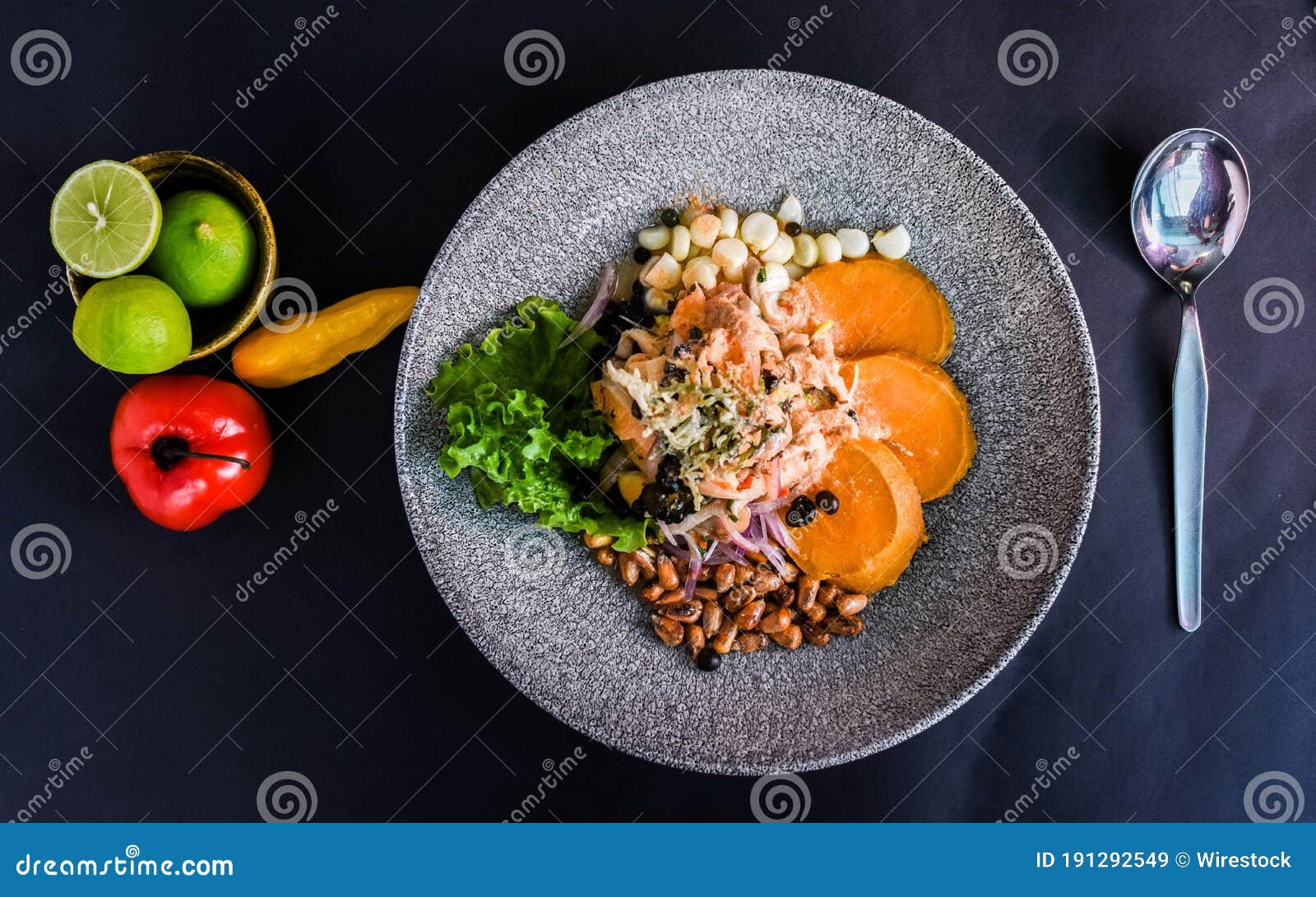 Delicious Peruvian Ceviche Dish in a Beautiful Plate on Black Surface ...