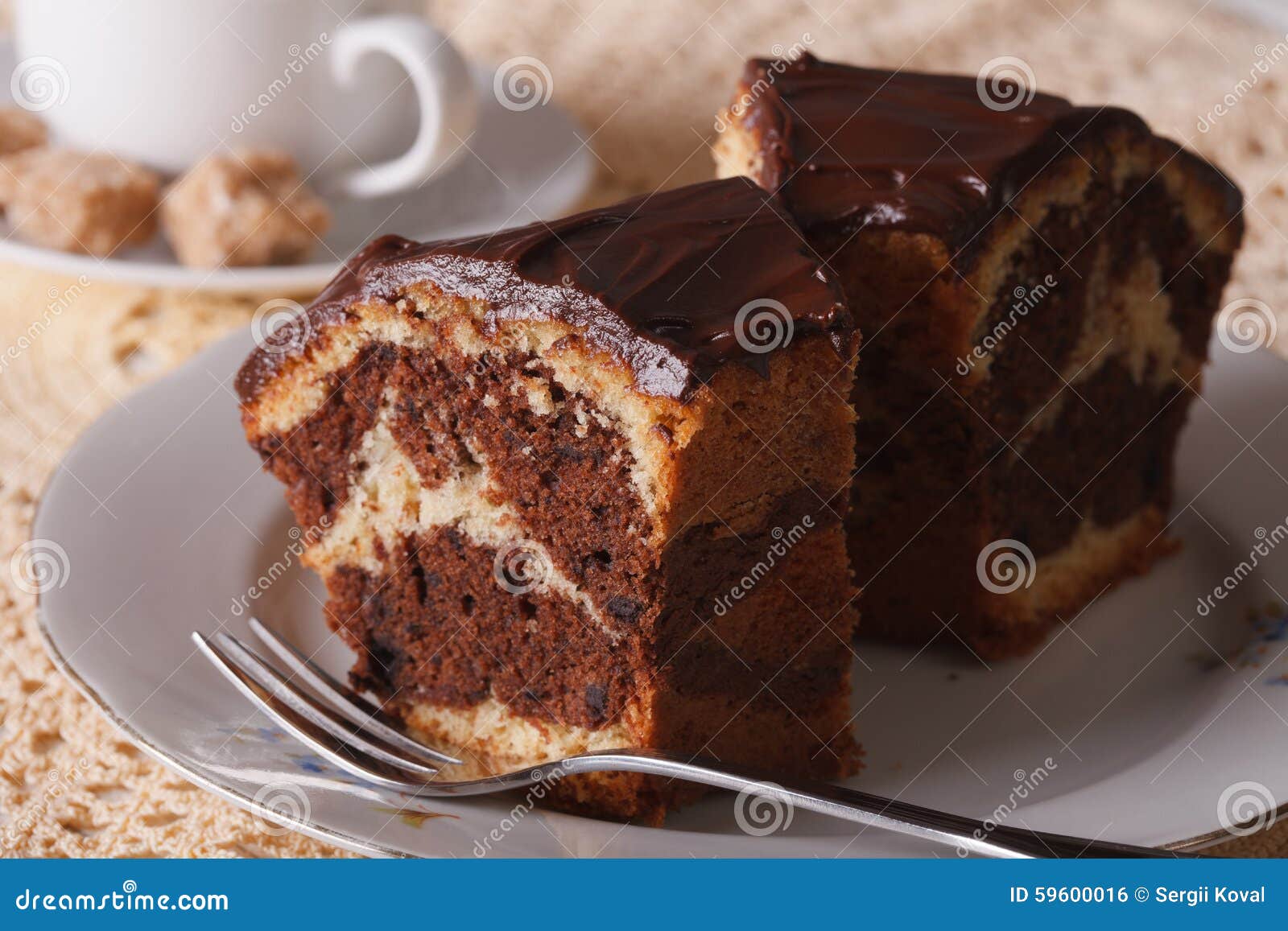 Delicious Piece of Marble Cake Macro on a Plate. Horizontal Stock Photo ...