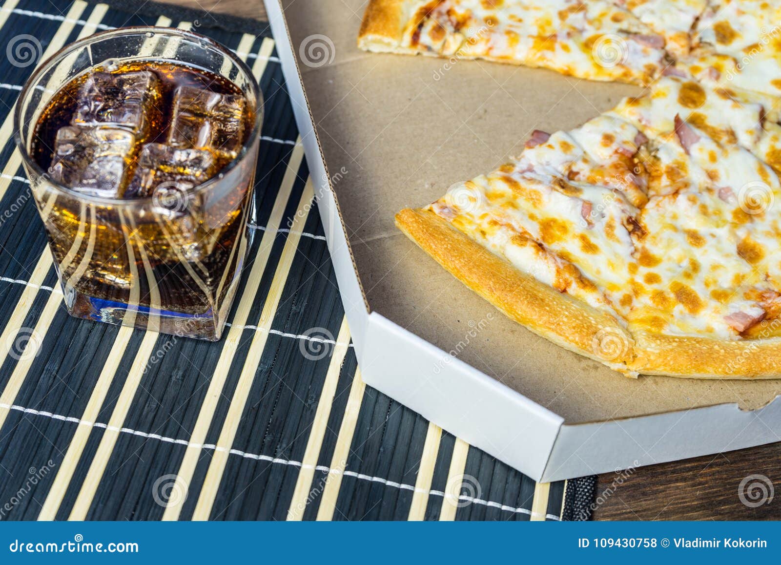 Delicious Pizza with a Glass of Cold Cola with Ice. Stock Photo - Image ...