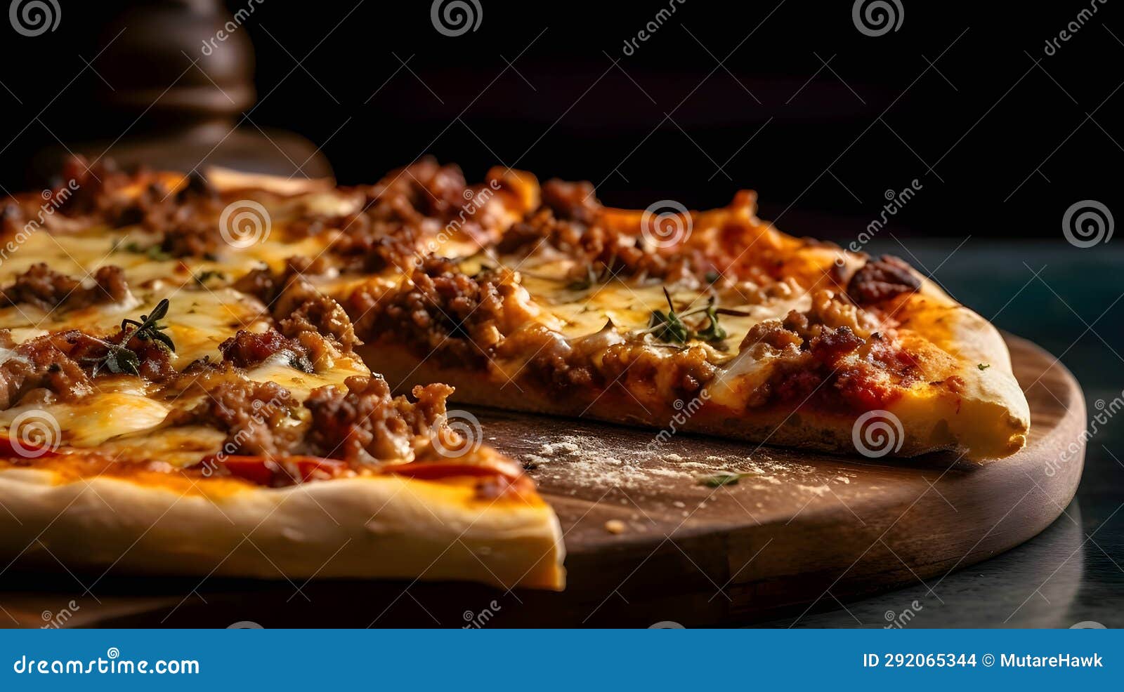 Photo of Pizza on a Wooden Board and Table, Side View, Black Background ...
