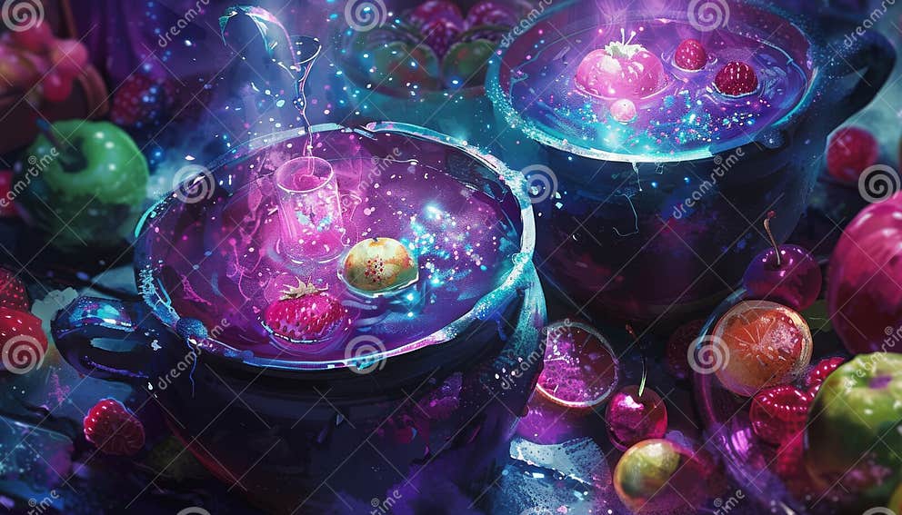 Delicious Potions Bubble in Cauldrons, Surrounded by Floating Fruit and ...
