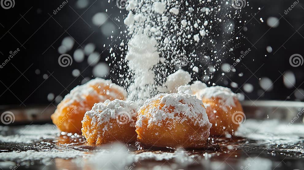 Delicious Powdered Sugar Doughnuts with Falling Sugar Dust Stock ...