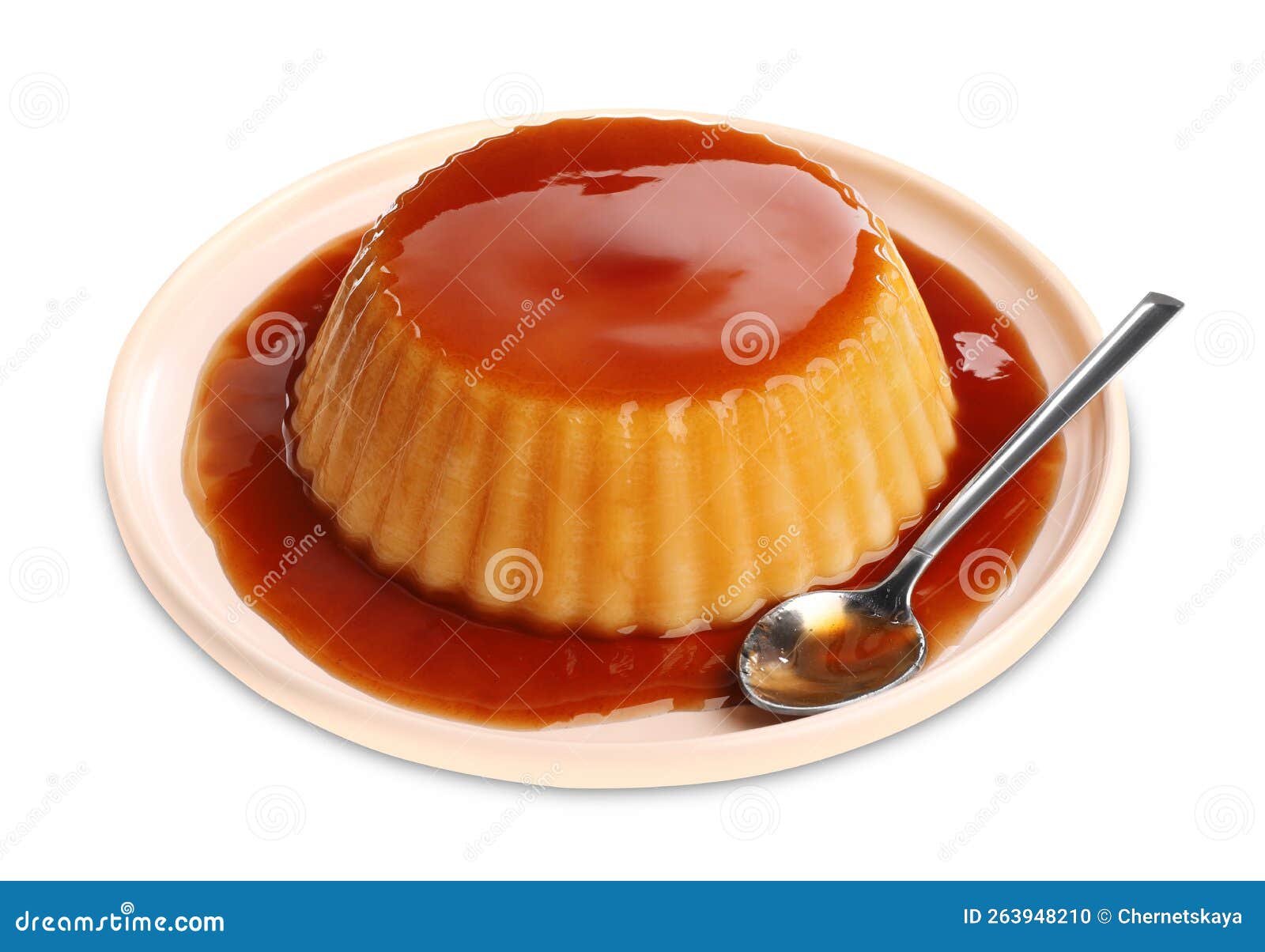Delicious Pudding with Caramel Isolated on White Stock Photo - Image of ...