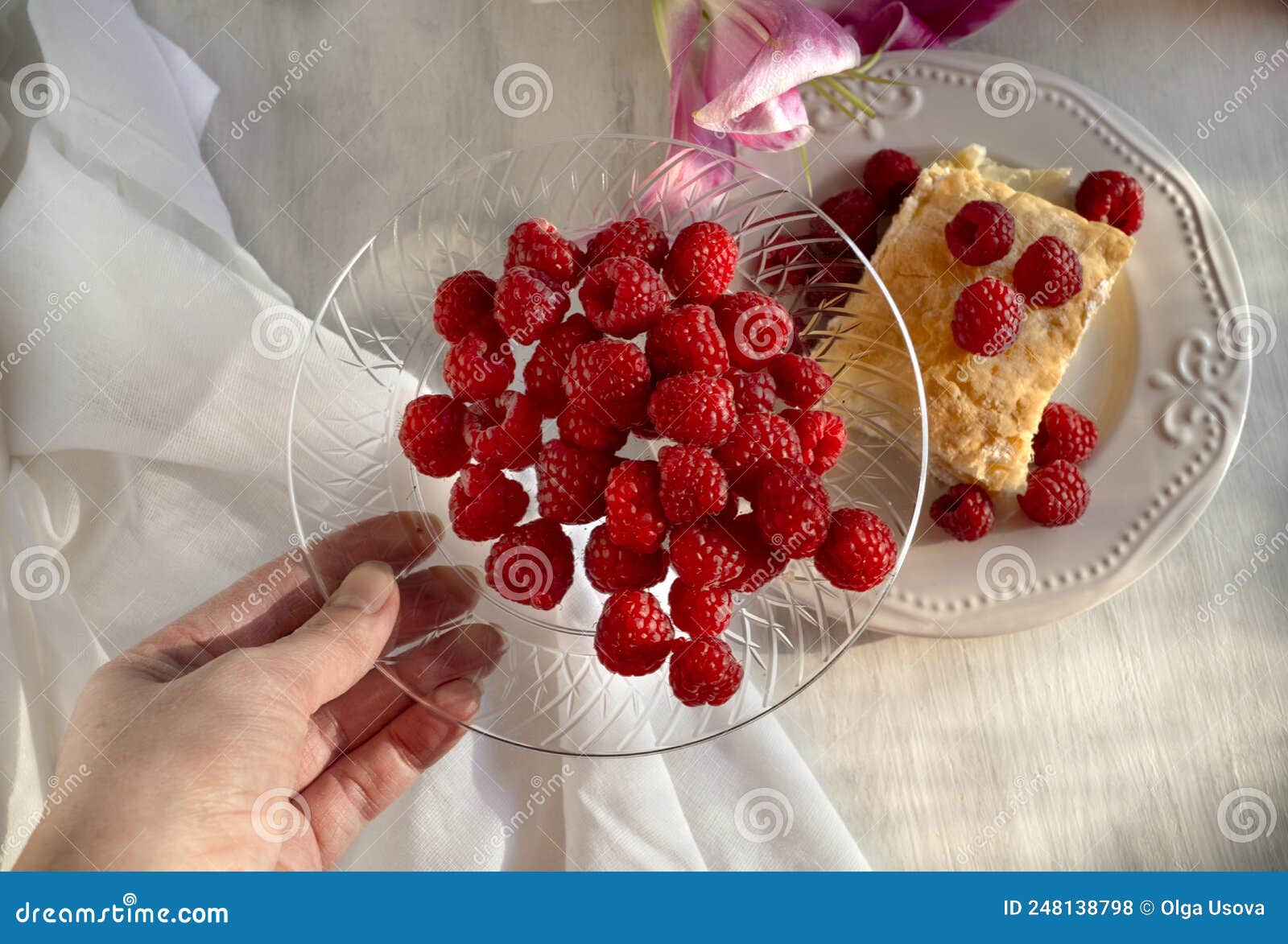 Delicious Raspberries on Plate and Puff Pastry with Raspberry on Plate ...
