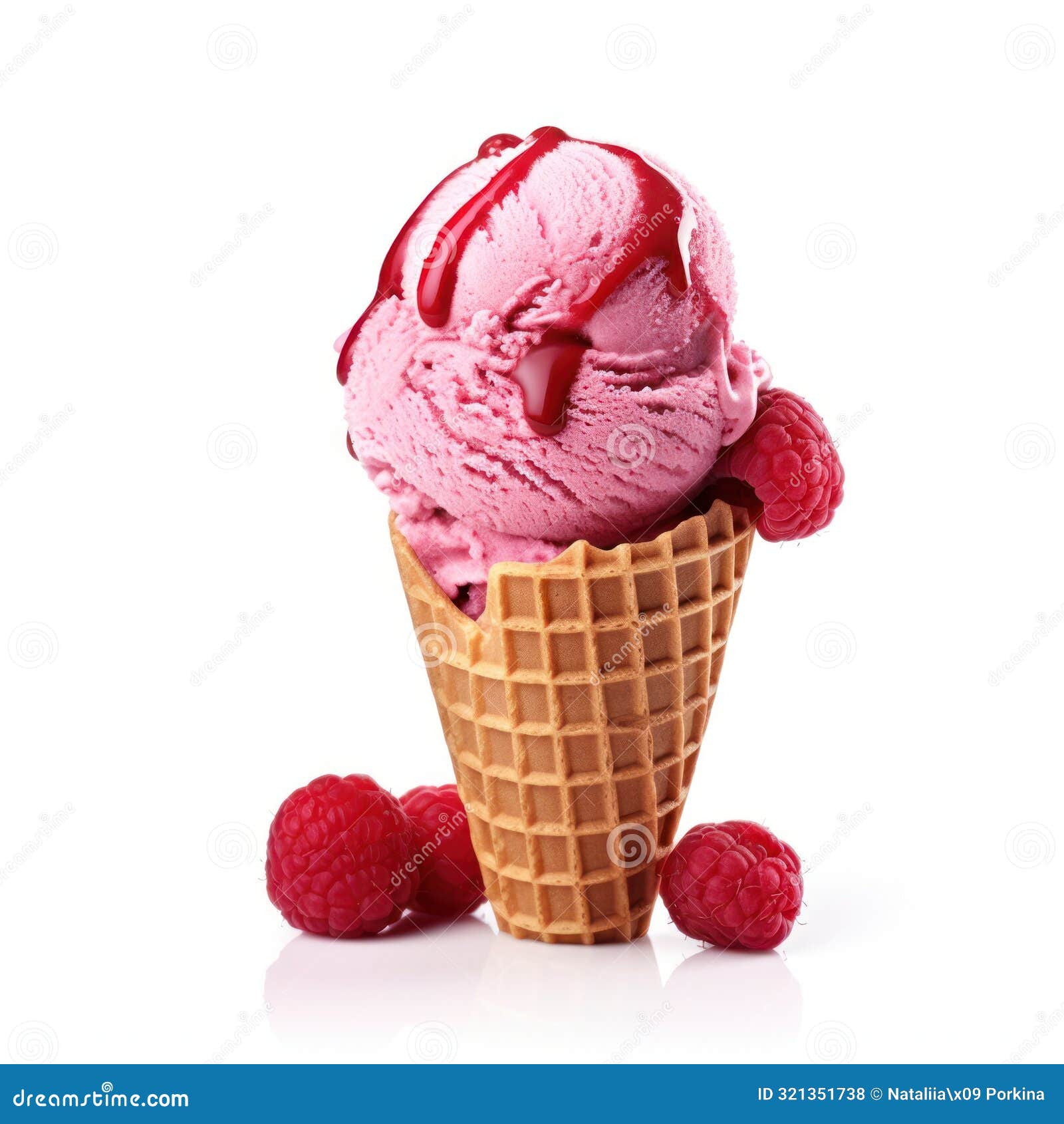 Delicious Raspberry Ice Cream Cone with Drizzle and Fresh Raspberries ...