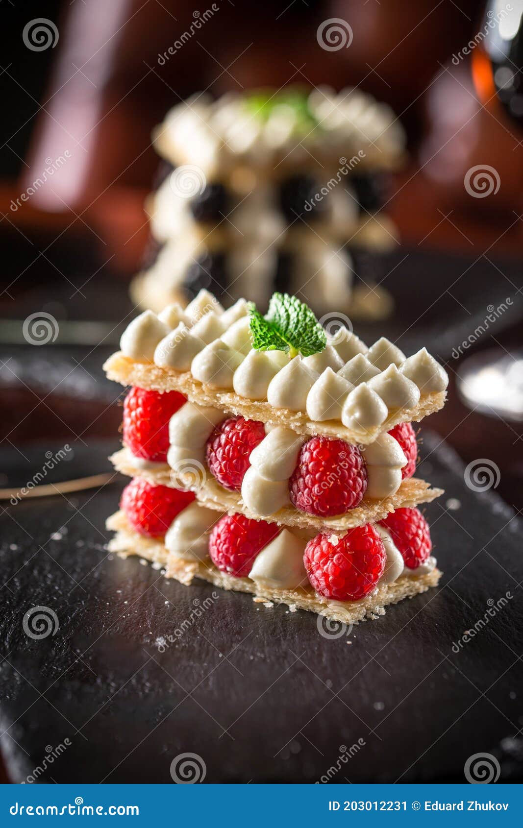 Delicious Raspberry Mille Feuille Dessert with Fresh Raspberries on the ...
