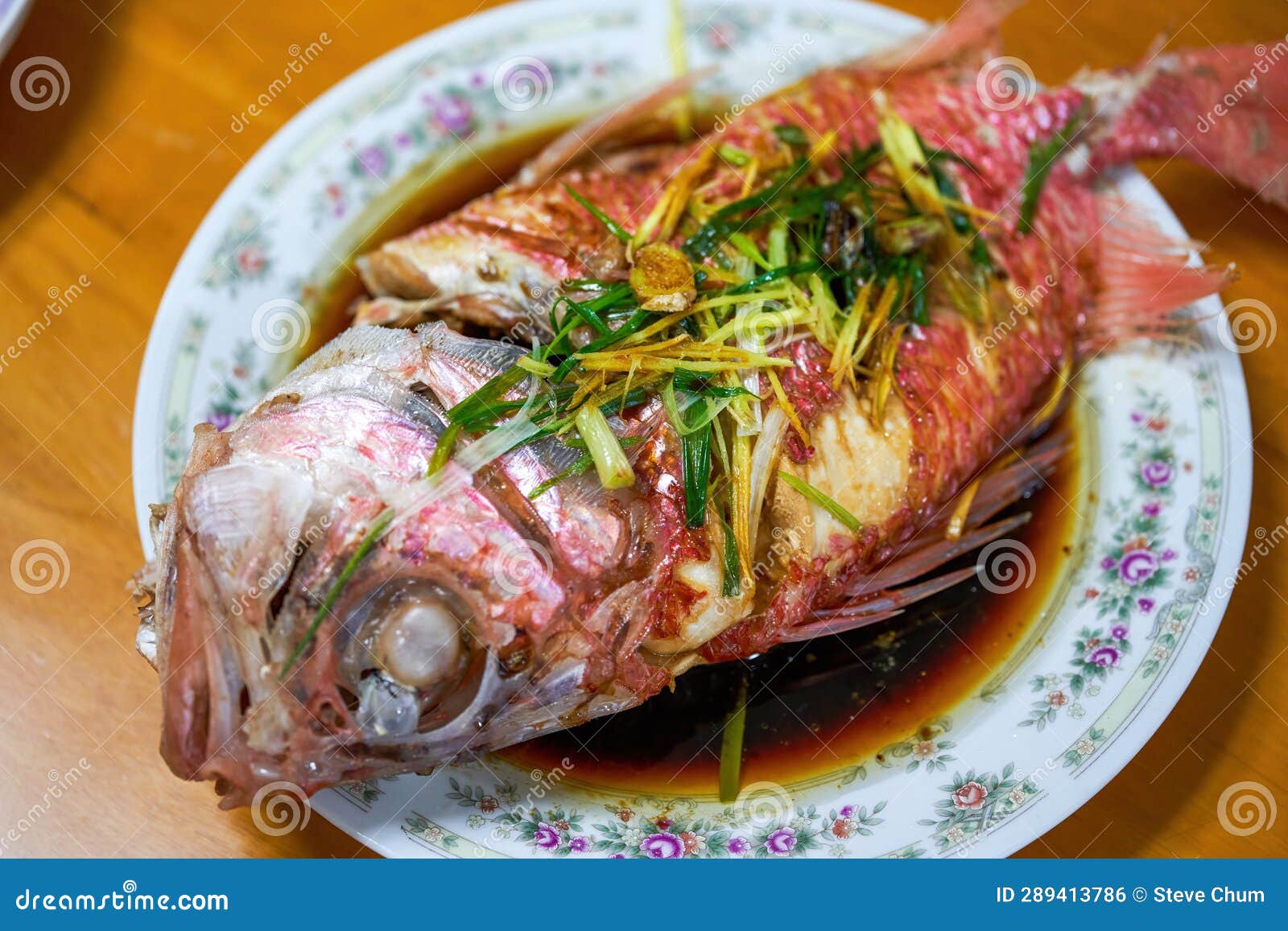 A Delicious Red Steamed Bigeye Snapper Stock Photo - Image of seafood ...