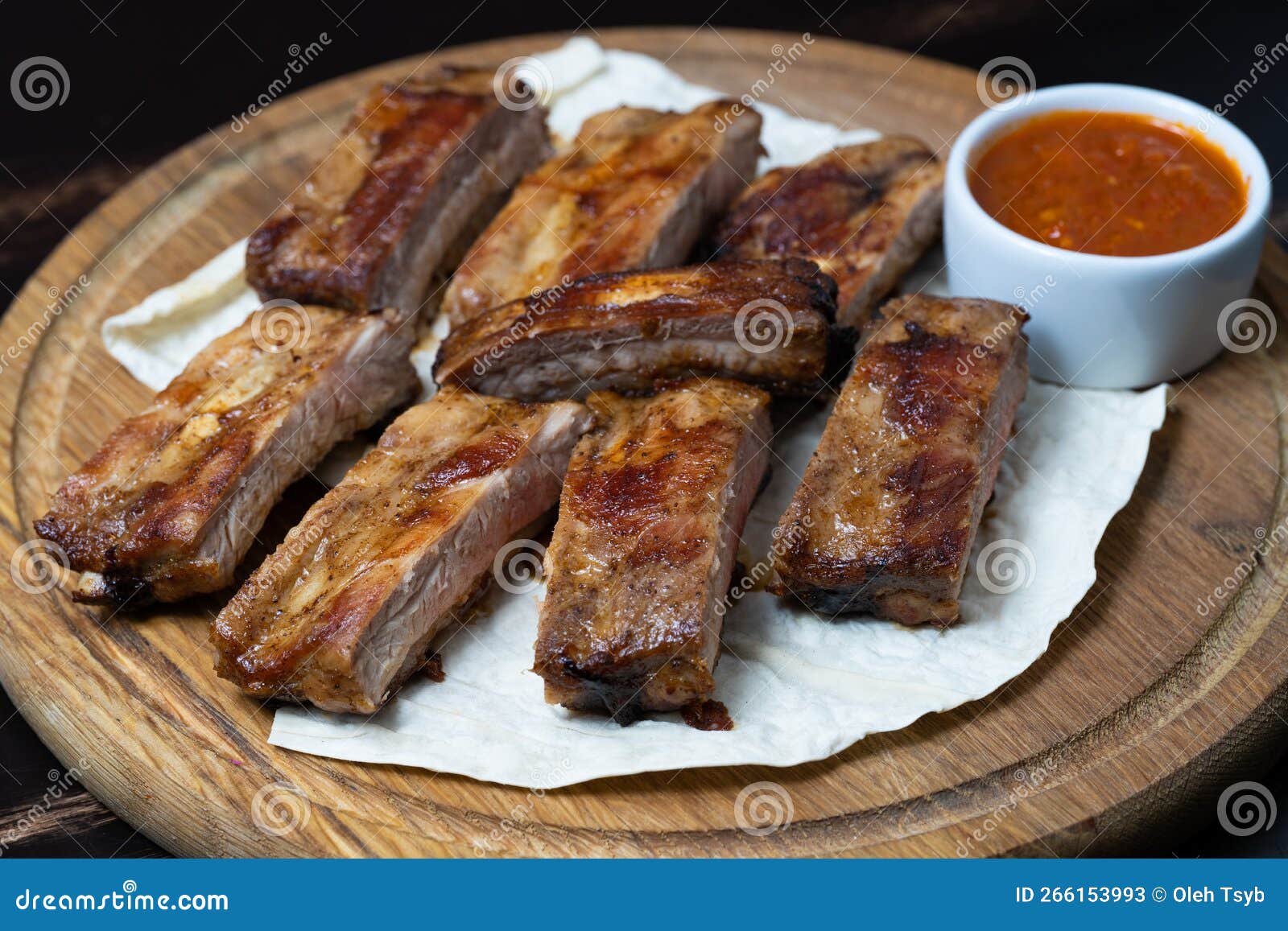 Delicious Ribs with Sauce on a Wooden Board Stock Image - Image of meal ...