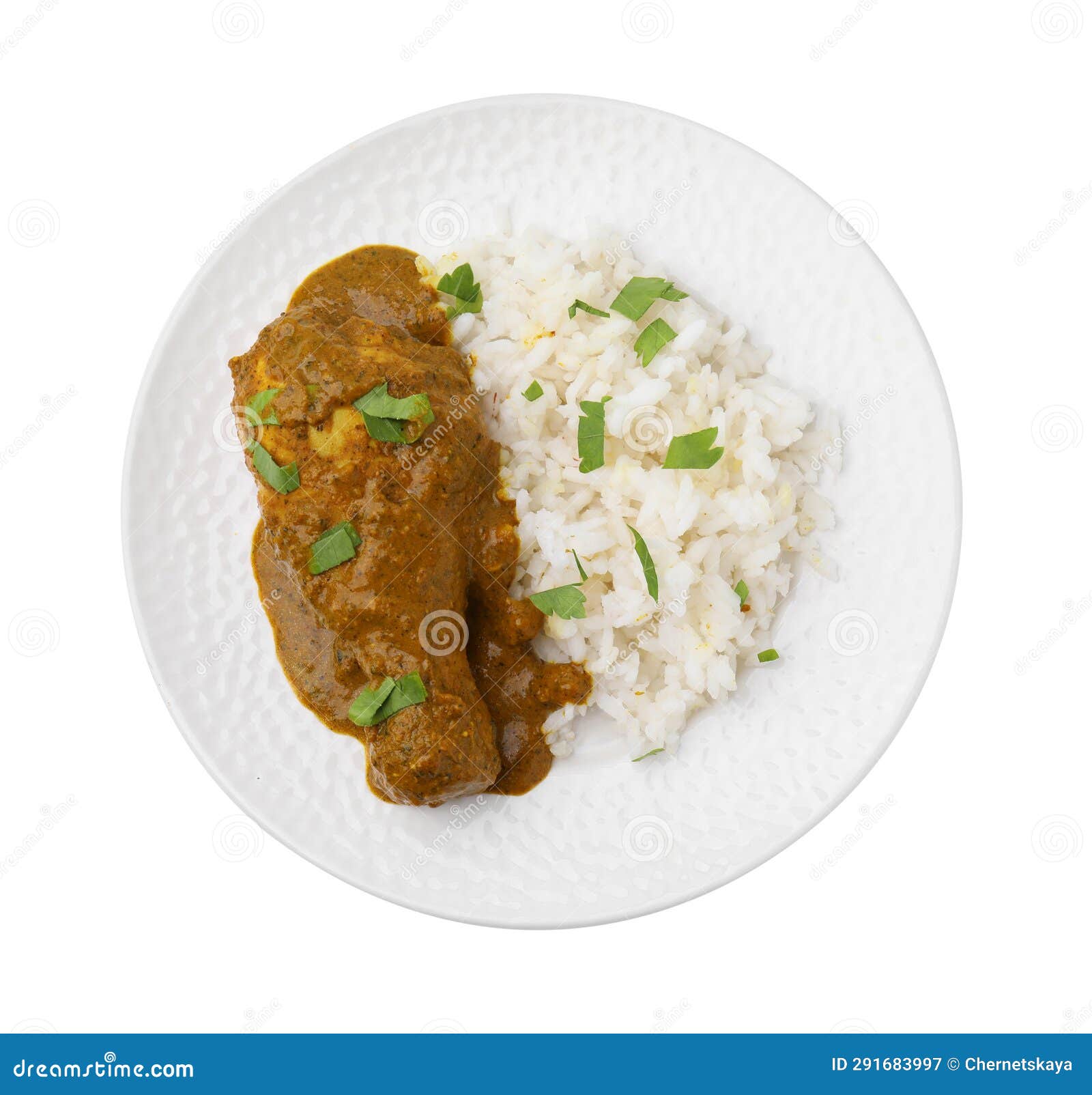 Delicious Rice and Chicken with Curry Sauce Isolated on White, Top View ...