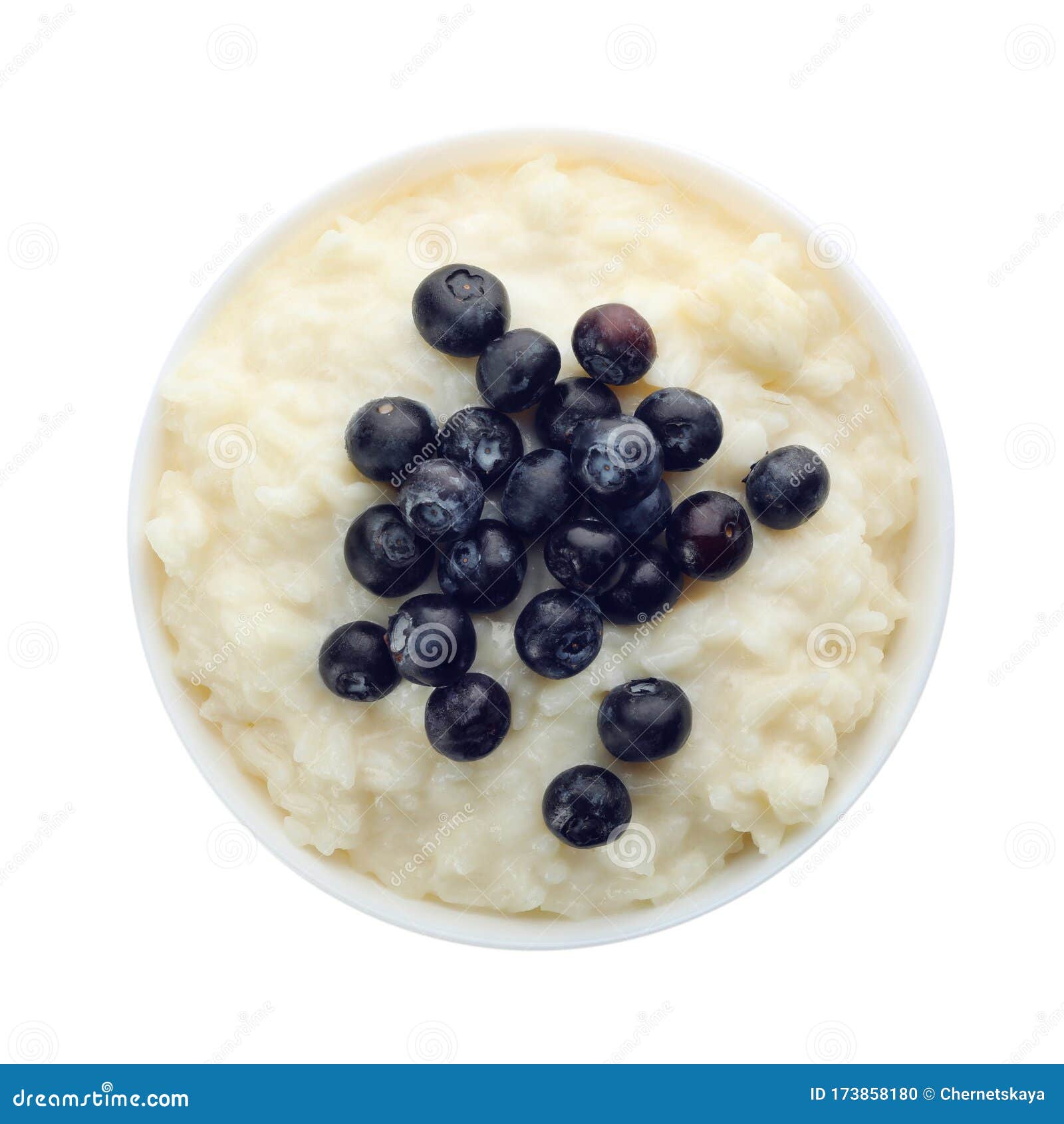 Delicious Rice Pudding with Blueberries Isolated on White, Top View ...