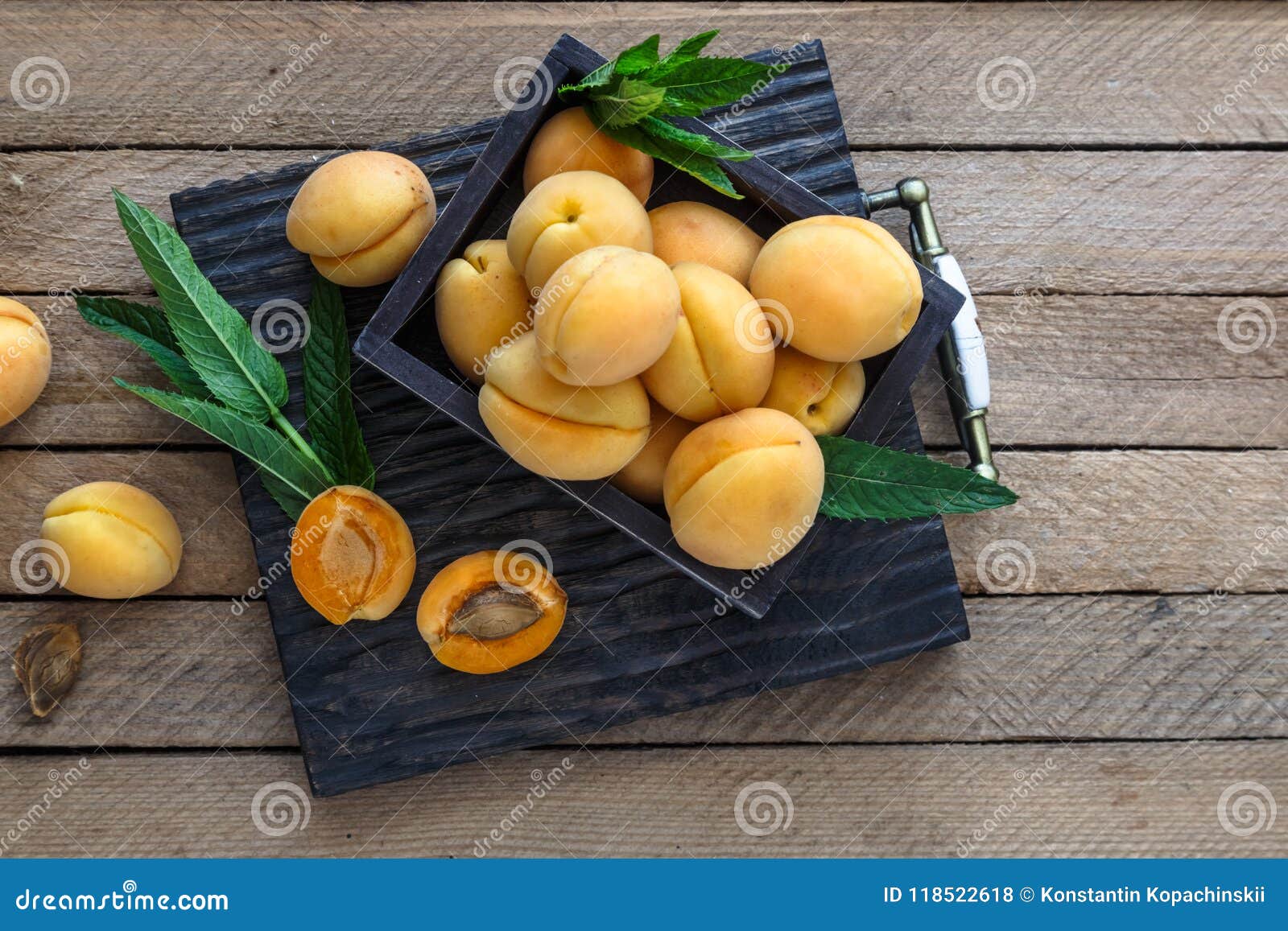Delicious Ripe Apricots in a Wooden Box on the Table. Copyspace Stock ...