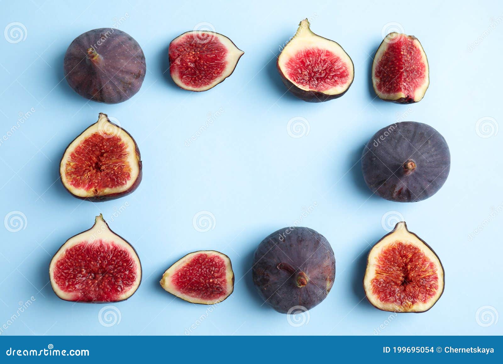 Delicious Ripe Figs on Light Blue Background, Flat Lay. Space for Text ...