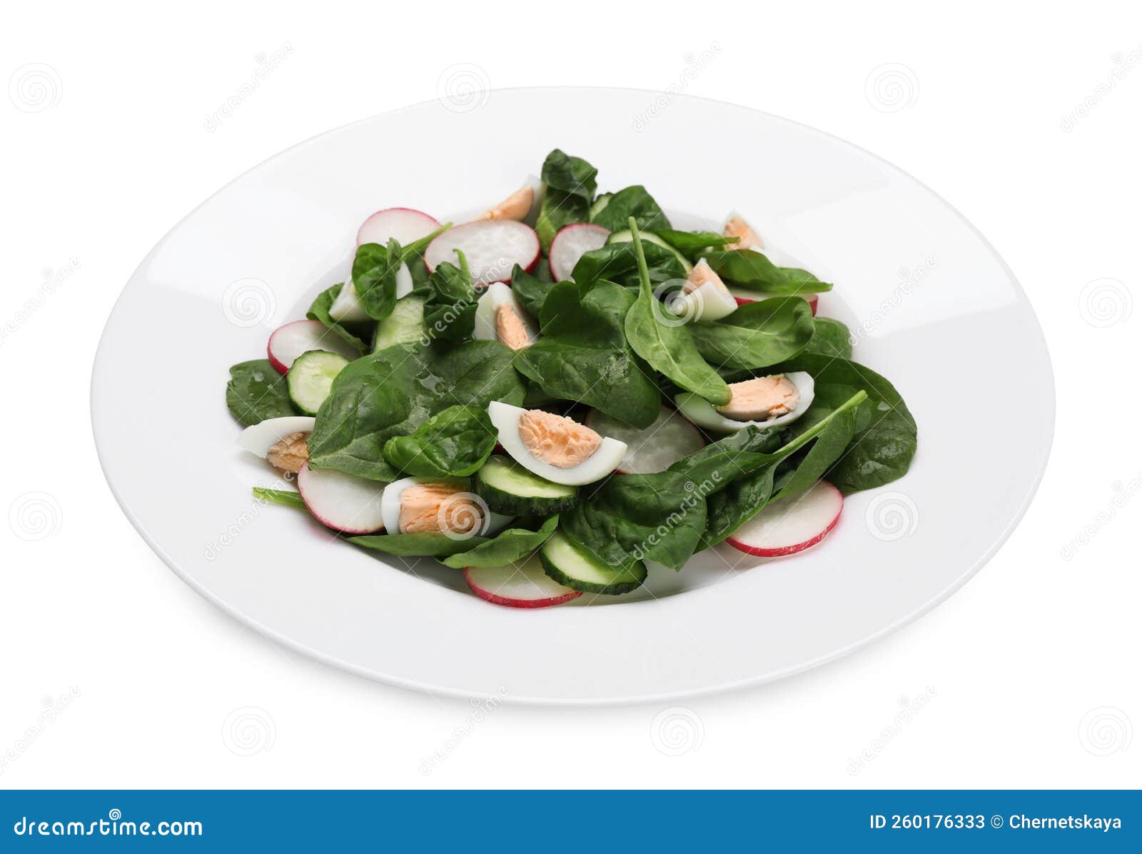 Delicious Salad with Boiled Eggs, Radish and Spinach Isolated on White ...