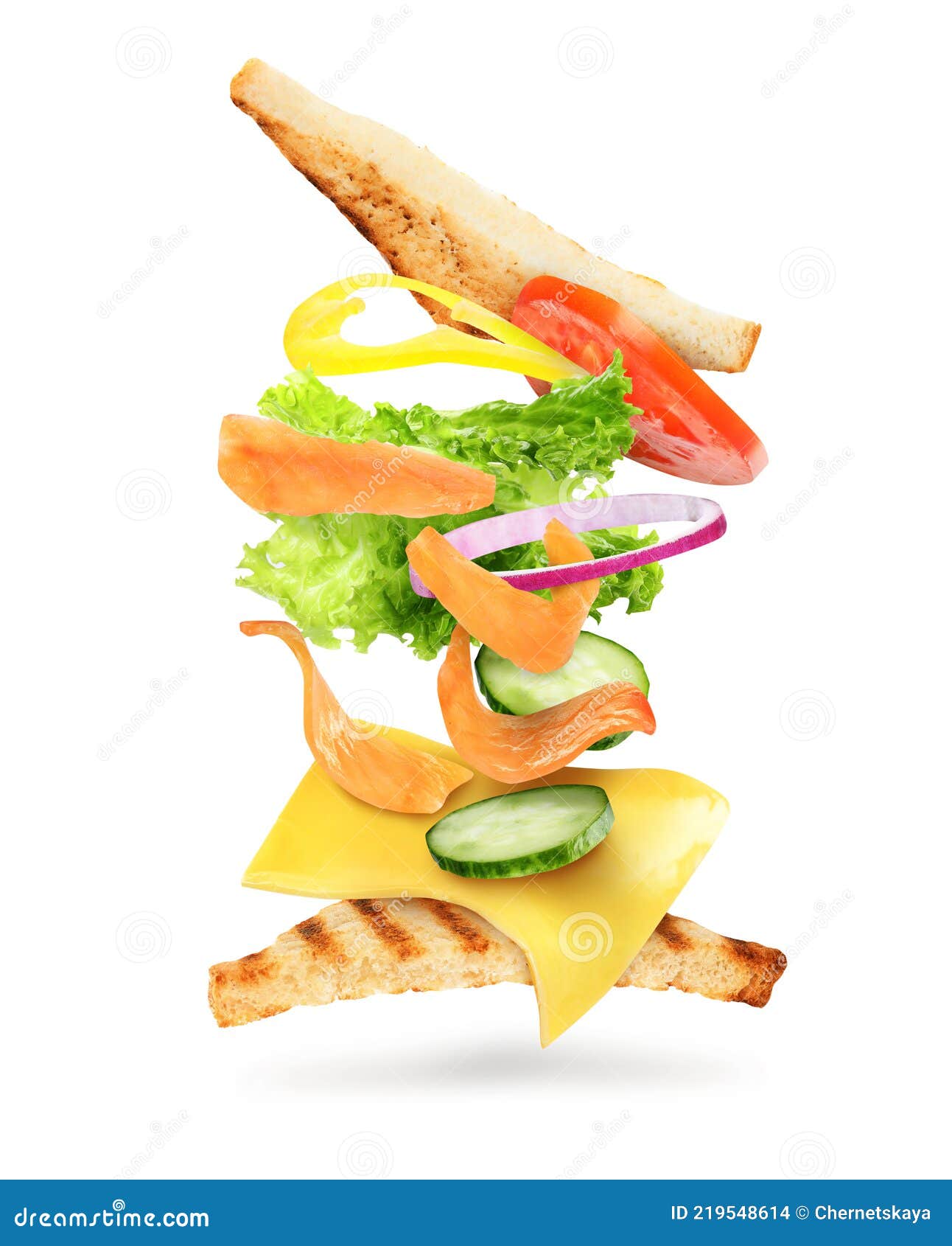 Delicious Sandwich with Flying Ingredients on White Background Stock ...