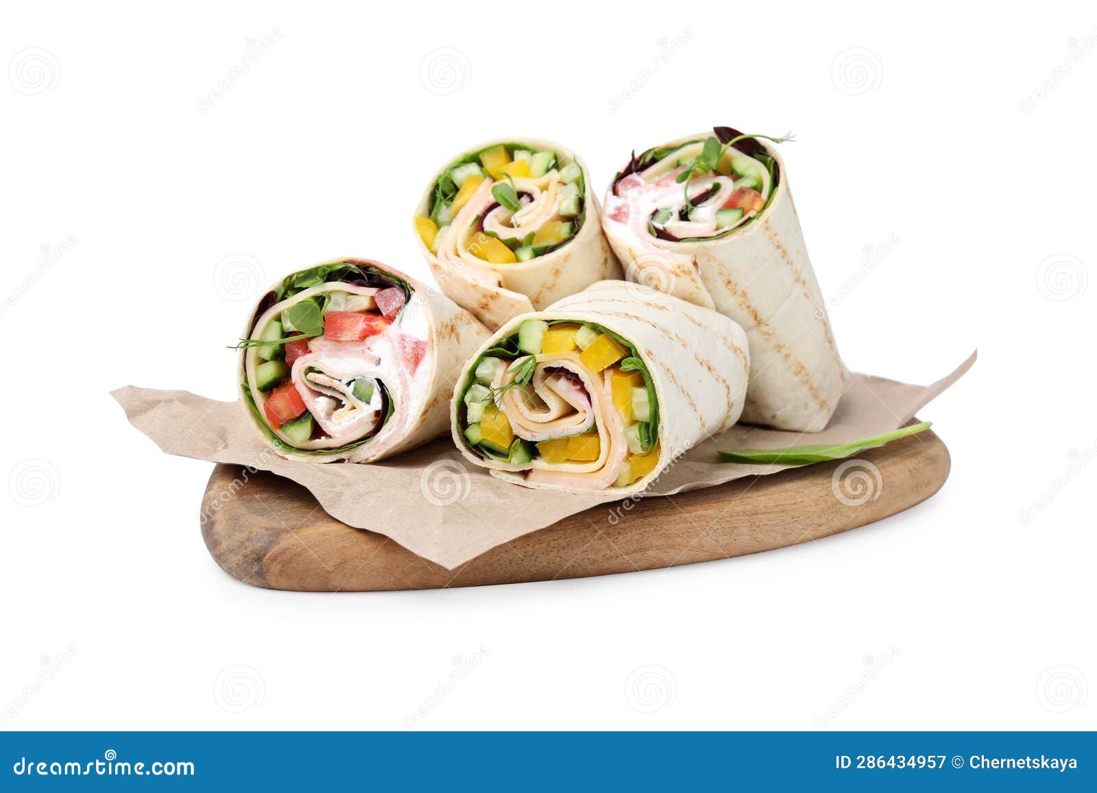 Delicious Sandwich Wraps with Fresh Vegetables Isolated on White Stock ...