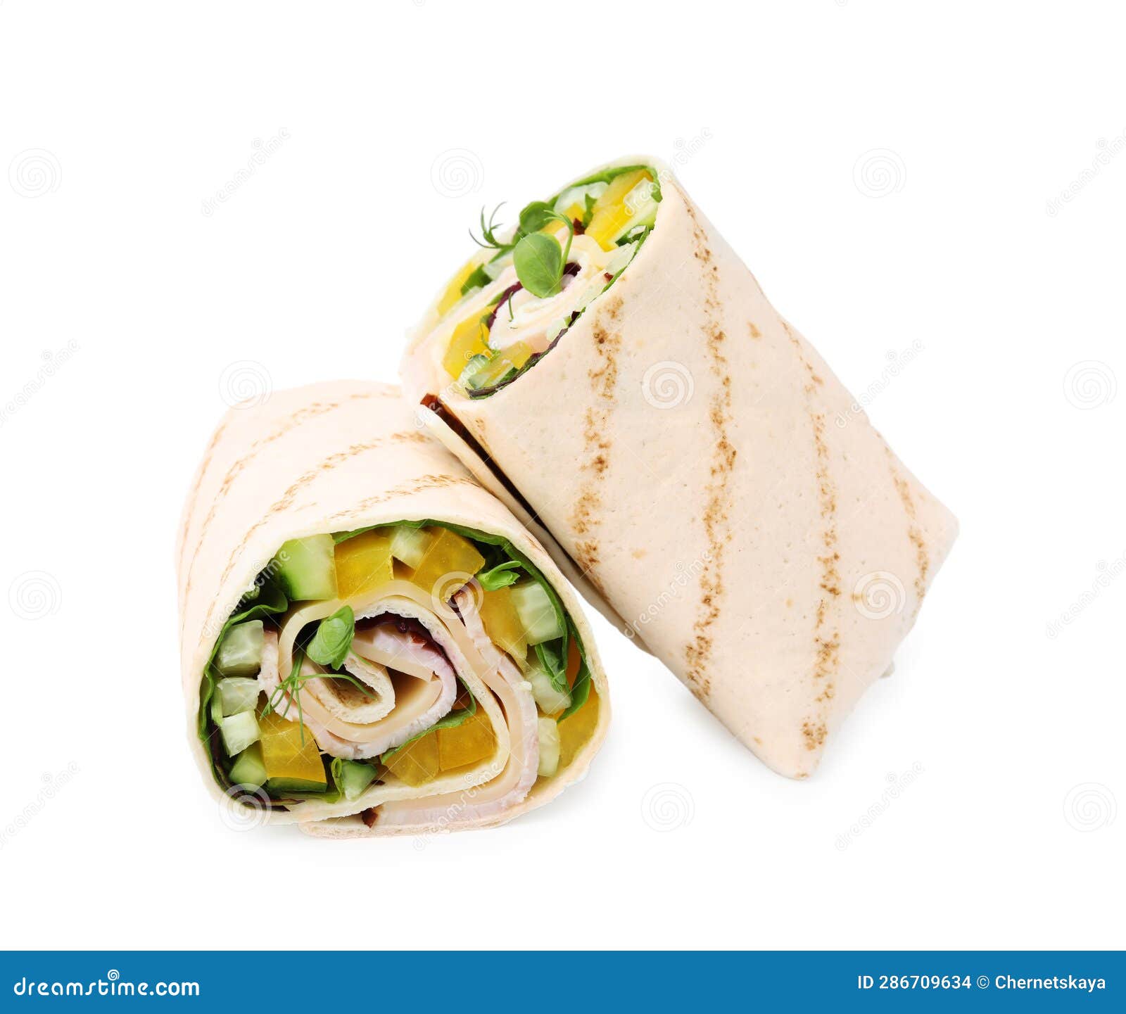 Delicious Sandwich Wraps with Fresh Vegetables Isolated on White Stock ...