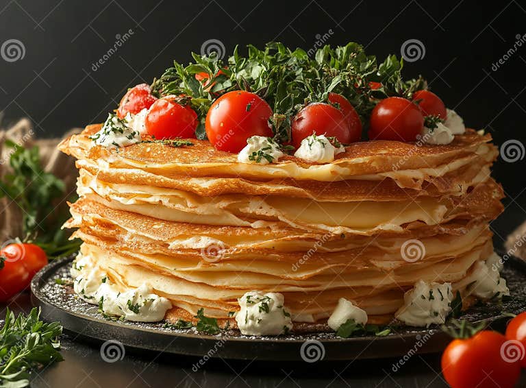 Delicious Savory Pancake Stack with Tomatoes and Herbs on Top Stock ...