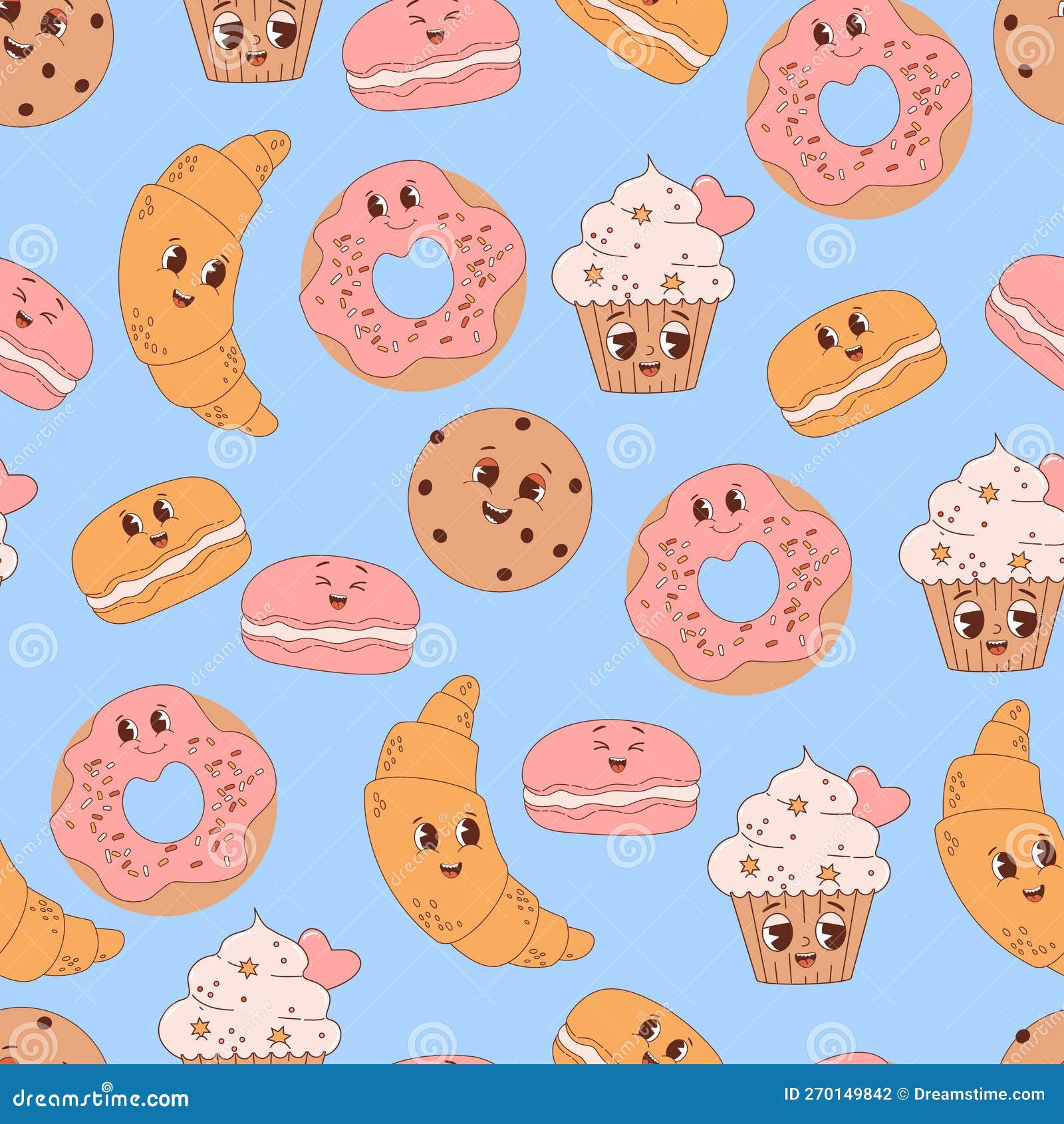 Delicious Seamless Pattern with Cute Bakery and Cookie Characters on ...