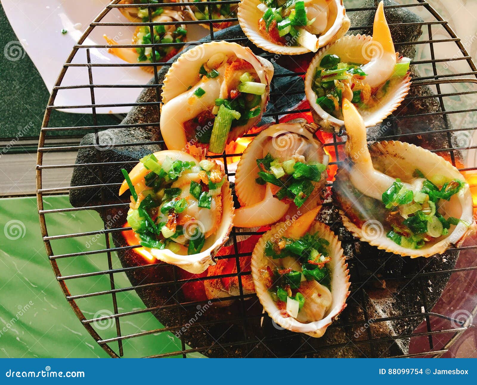 Delicious Shell or Clams Mussels on Hot Fire Coal Grill Stock Photo ...