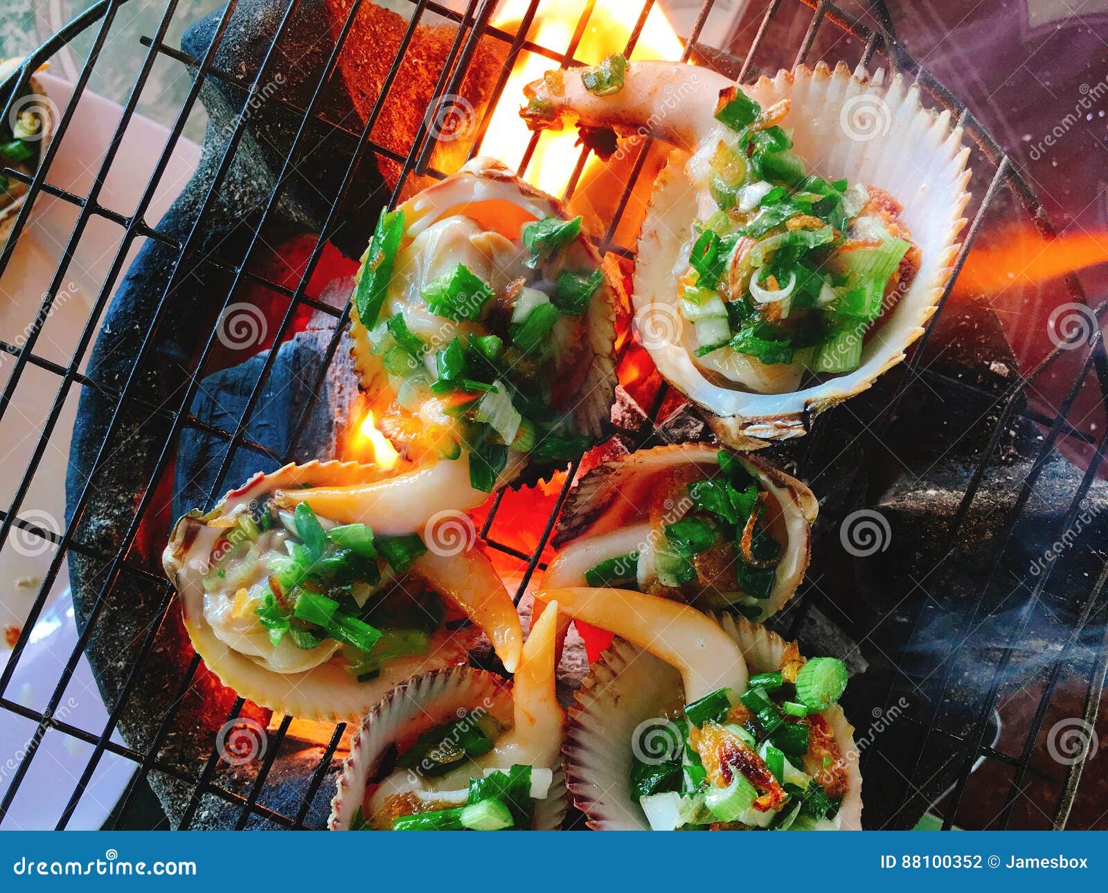 Delicious Shell or Clams Mussels on Hot Fire Coal Grill Stock Photo ...