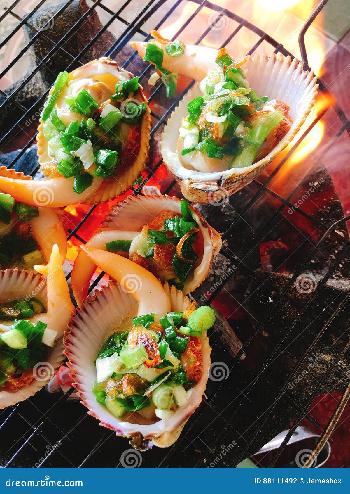 Delicious Shell or Clams Mussels on Hot Fire Coal Grill Stock Photo ...