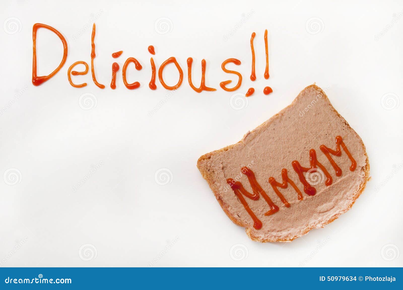 Delicious Sign with Ketchup and Mmmm on the Bread with Pate Stock Photo ...