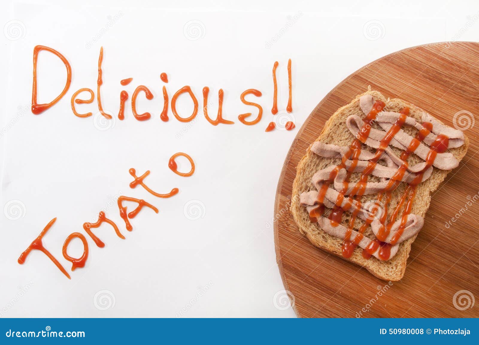 Delicious Sign with Ketchup and Mmmm on the Bread with Pate Stock Photo ...